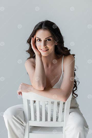 Pretty Brunette Model Sitting On Chair Stock Image Image Of Caucasian