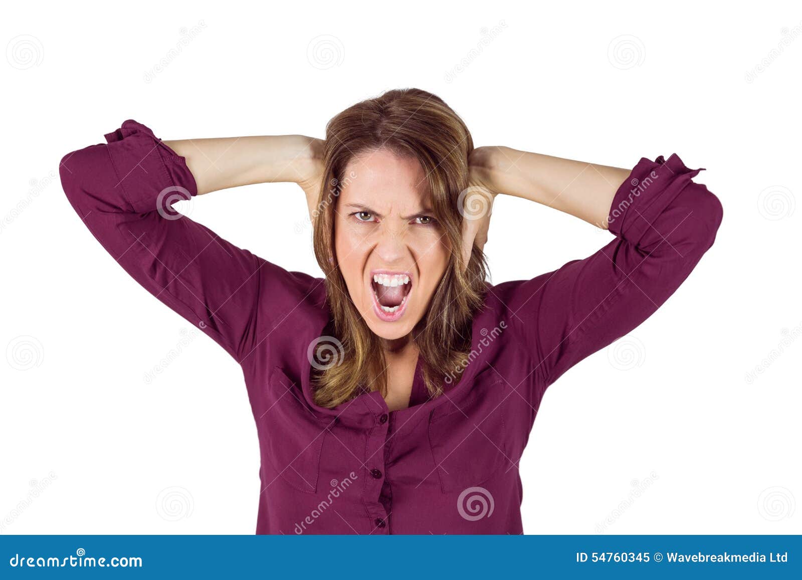 Pretty Brunette Shouting with Hands on Head Stock Image - Image of ...