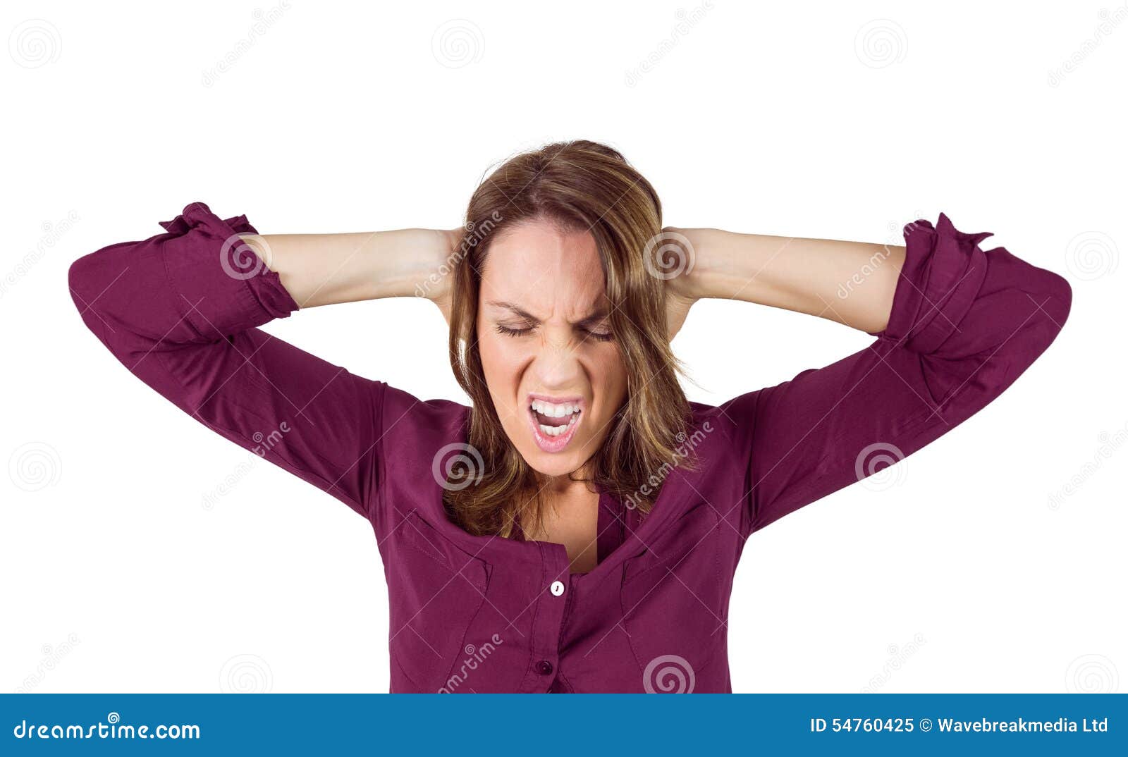 Pretty Brunette Shouting with Hands on Head Stock Image - Image of ...