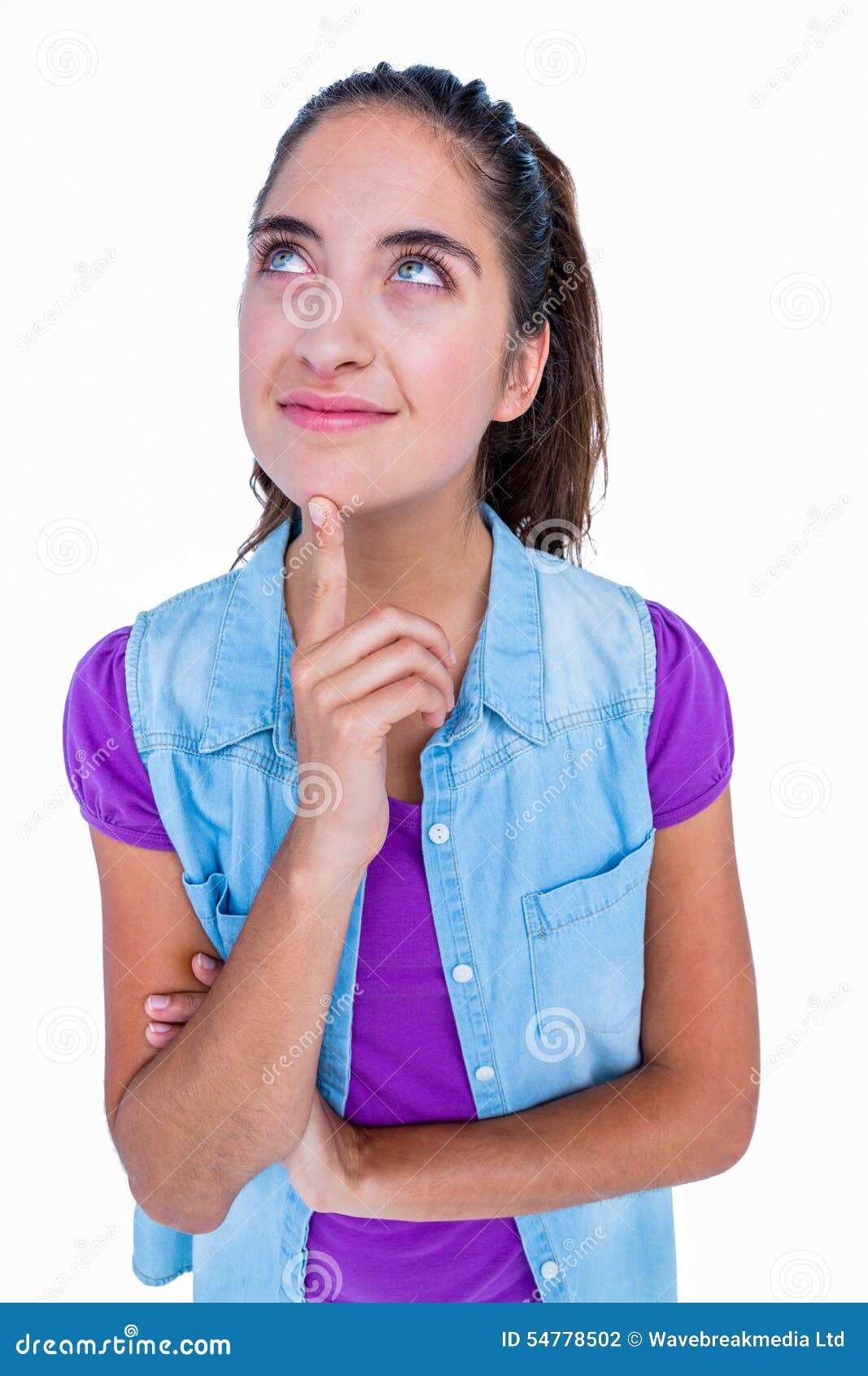 Pretty Brunette Thinking with Finger on Chin Stock Photo - Image of ...