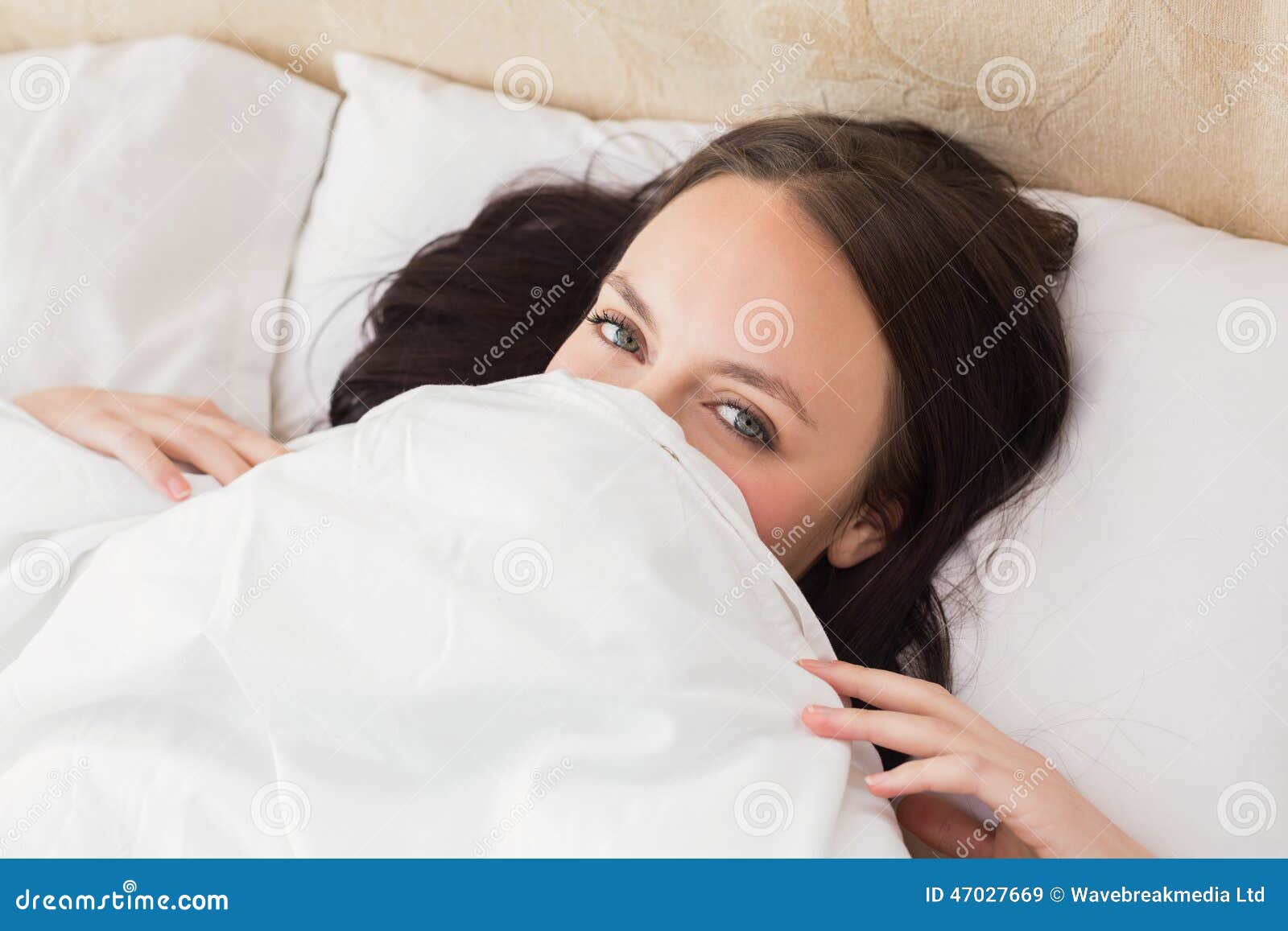 Pretty Brunette Under the Duvet Stock Image - Image of attractive ...