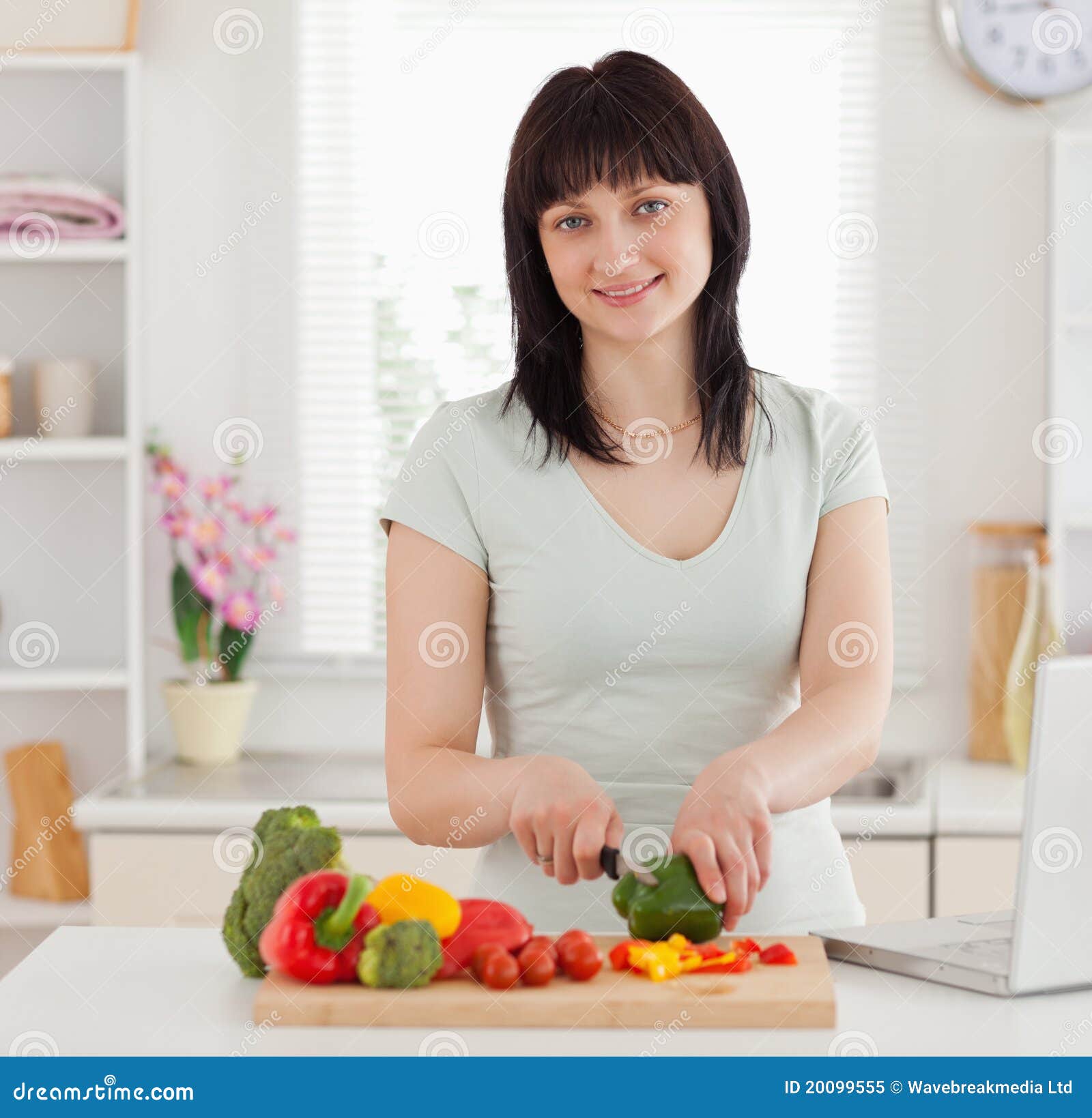 Pretty Brunette Woman Cooking Stock Image - Image of computer ...
