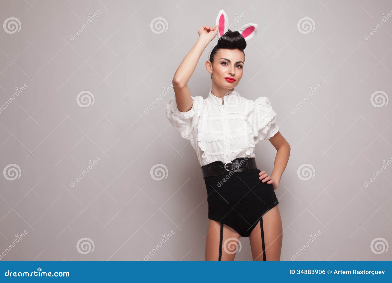 Pretty Bunny Girl Winking And Tongue Out Happy Woman In Bunny Ears