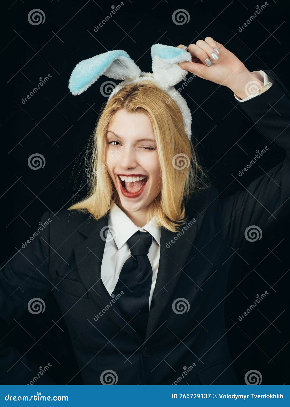 Pretty Bunny Girl Winking And Tongue Out Happy Woman In Bunny Ears