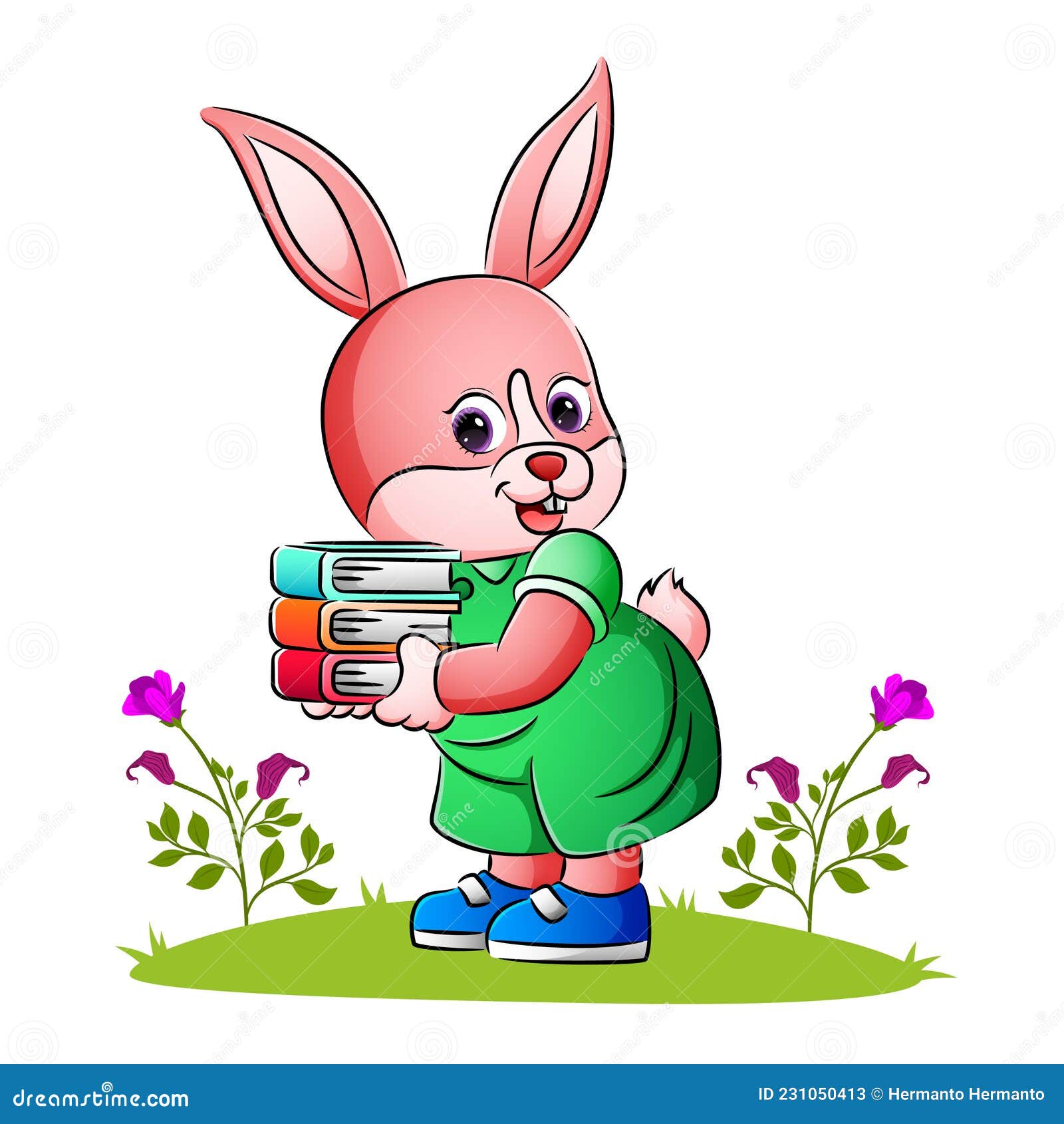 The Pretty Bunny is Holding Many Book with the Hand Stock Vector ...
