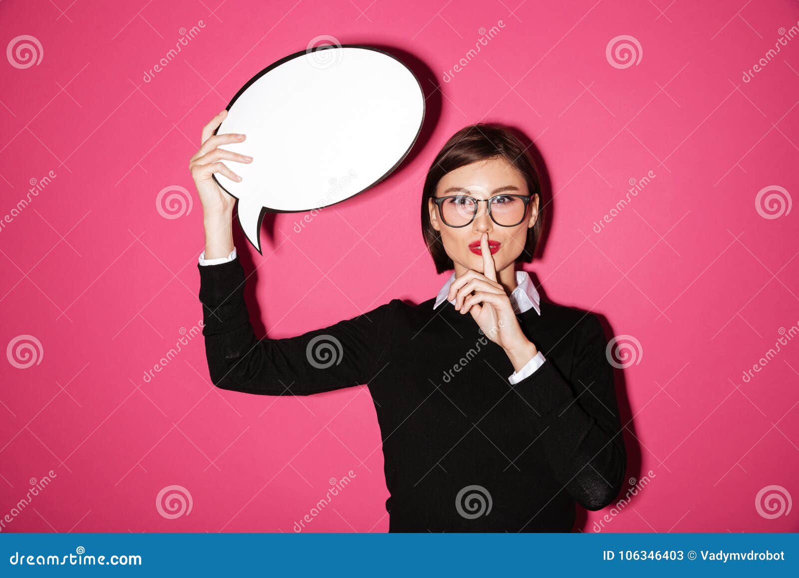 Pretty Businesswoman Holding Speech Bubble And Showing Speech Bubble Stock Image Image Of