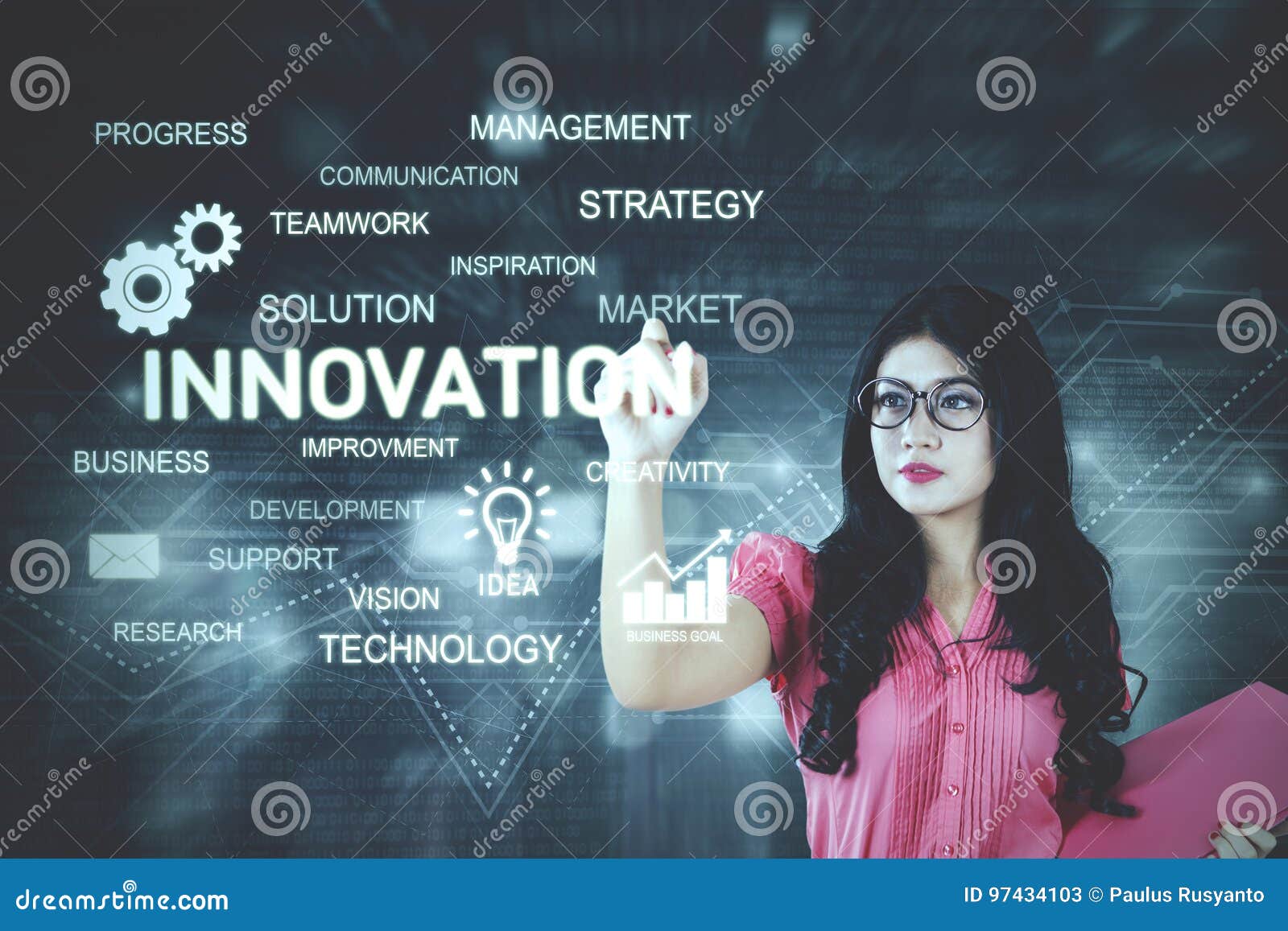 Pretty Businesswoman Writes Innovation Text Stock Image - Image of ...