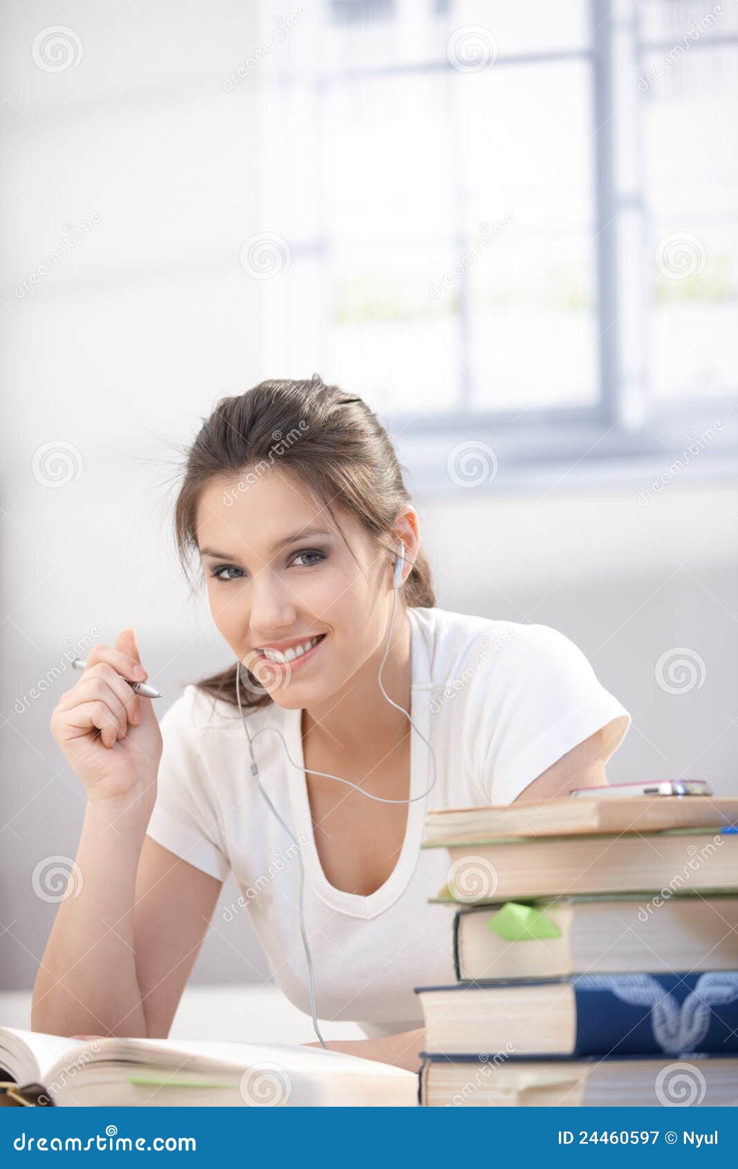 Pretty College Student Learning at Home Smiling Stock Image - Image of ...