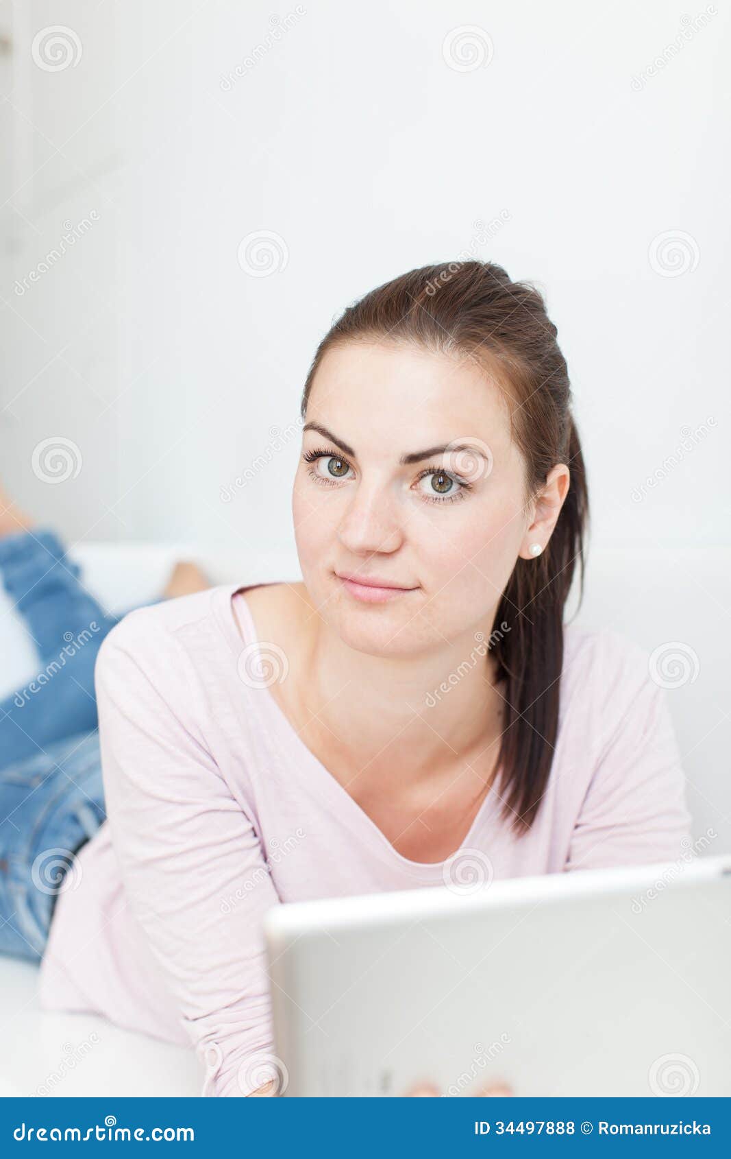 Pretty College Student Working on Her Tablet Computer Stock Photo ...