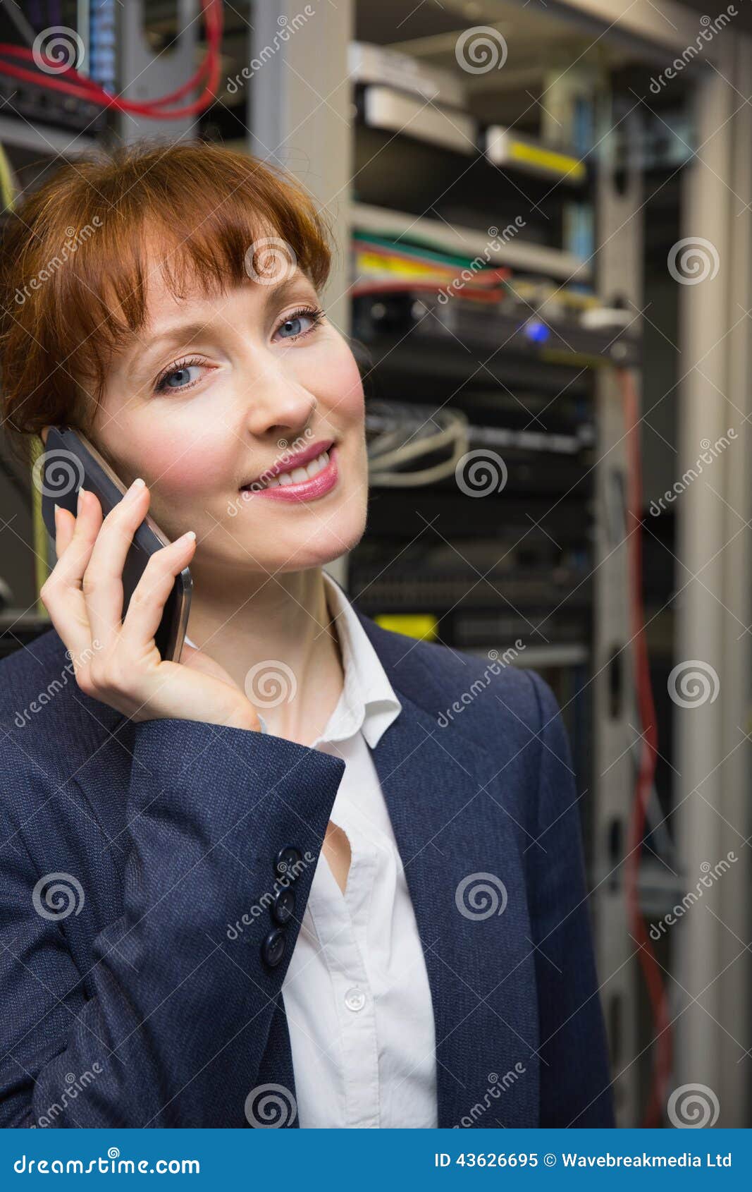 Pretty Computer Technician Talking on Phone beside Open Server Stock ...