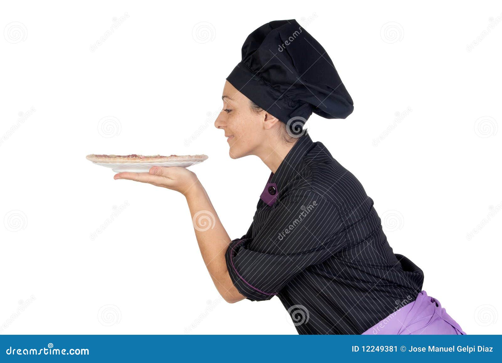 Pretty Cook Woman Smelling Ham Pizza Stock Image - Image of cheese ...