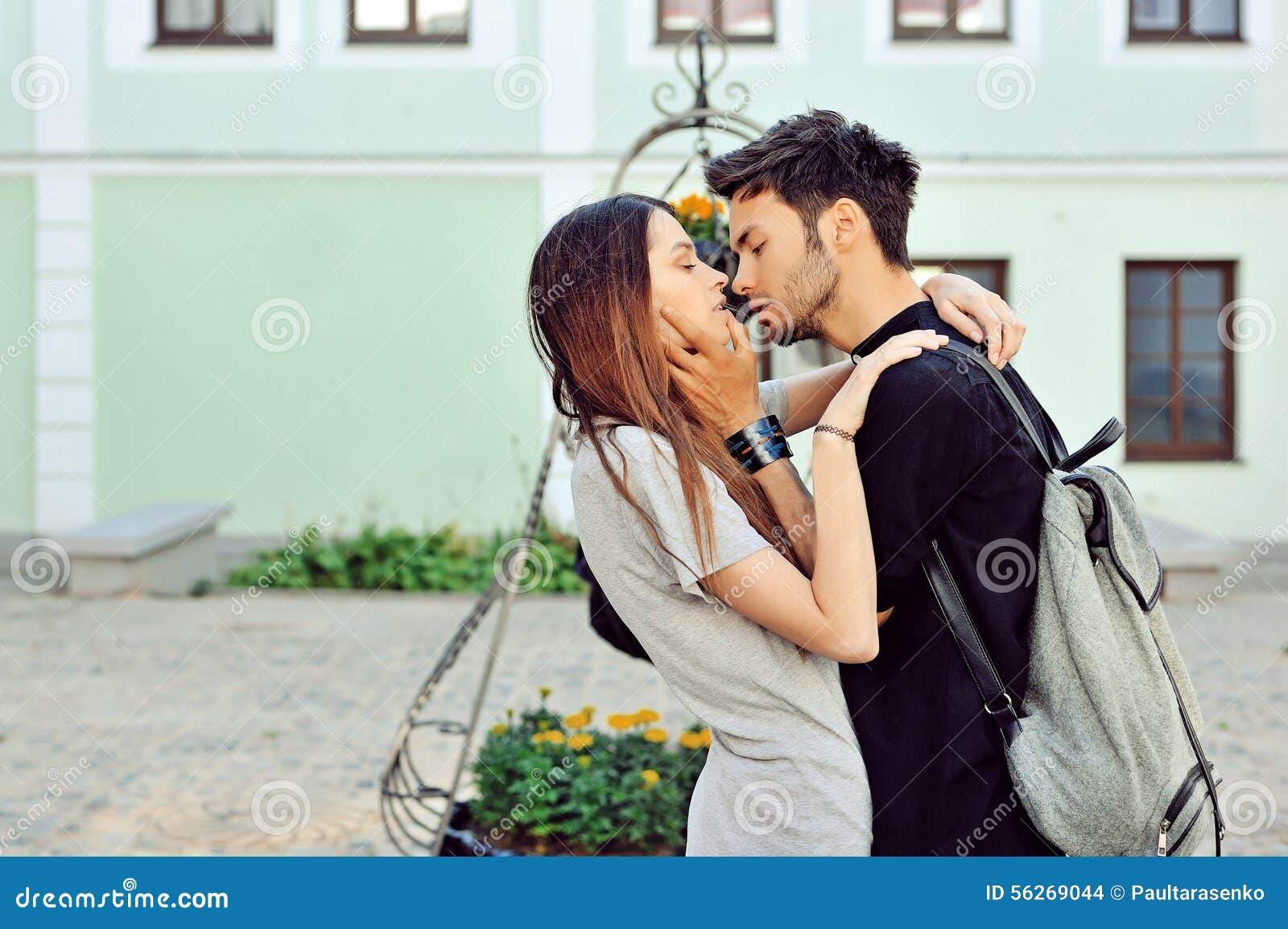 Pretty Couple Hugging And Flirting Outdoor Stock Photo | CartoonDealer ...