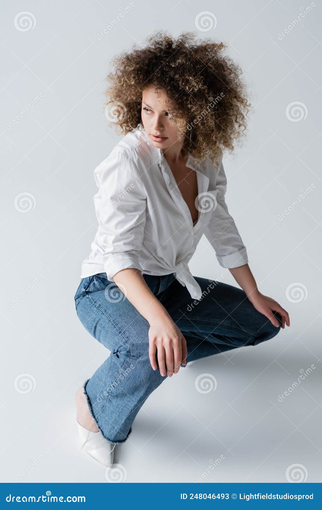 Pretty Curly Model Posing on White Stock Image - Image of blouse, pose ...