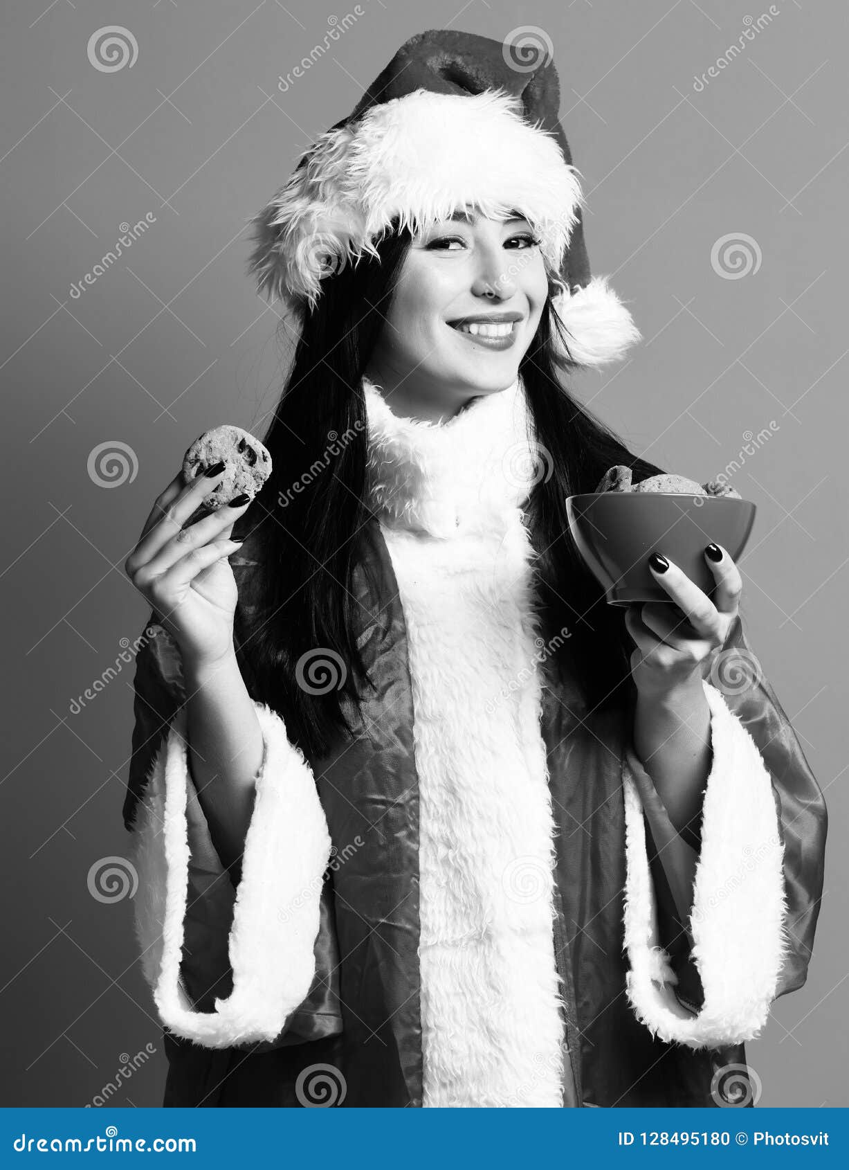 Pretty Cute Santa Girl Or Smiling Brunette Woman In New Year Sweater