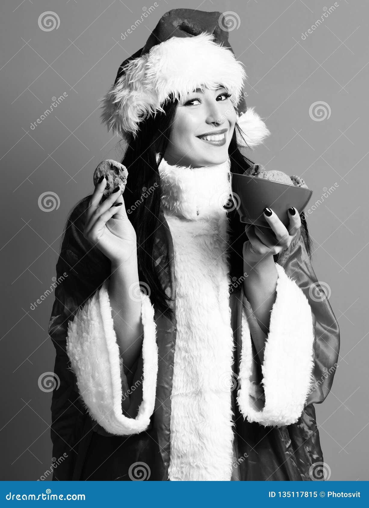Pretty Cute Santa Girl Or Smiling Brunette Woman In New Year Sweater