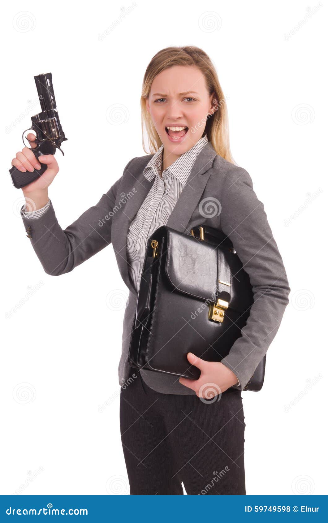 Pretty Employee with Handgun Isolated on White Stock Photo - Image of ...