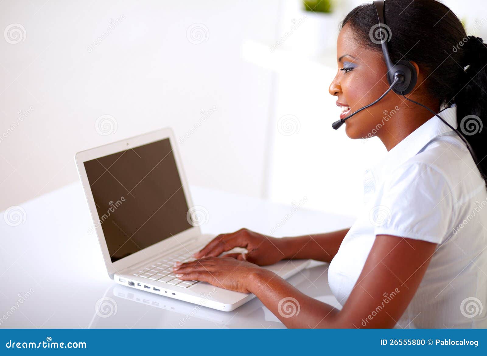 Pretty Ethnic Woman Working on Customer Service Stock Photo - Image of ...