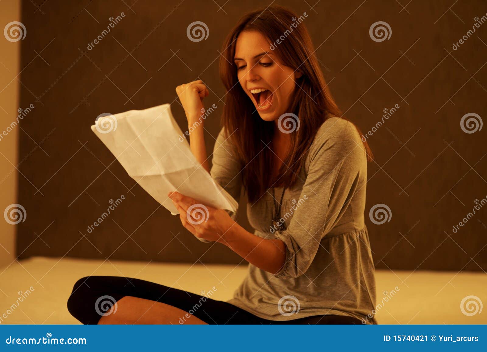 Pretty Excited Young Woman Reading a Documents Stock Image - Image of ...