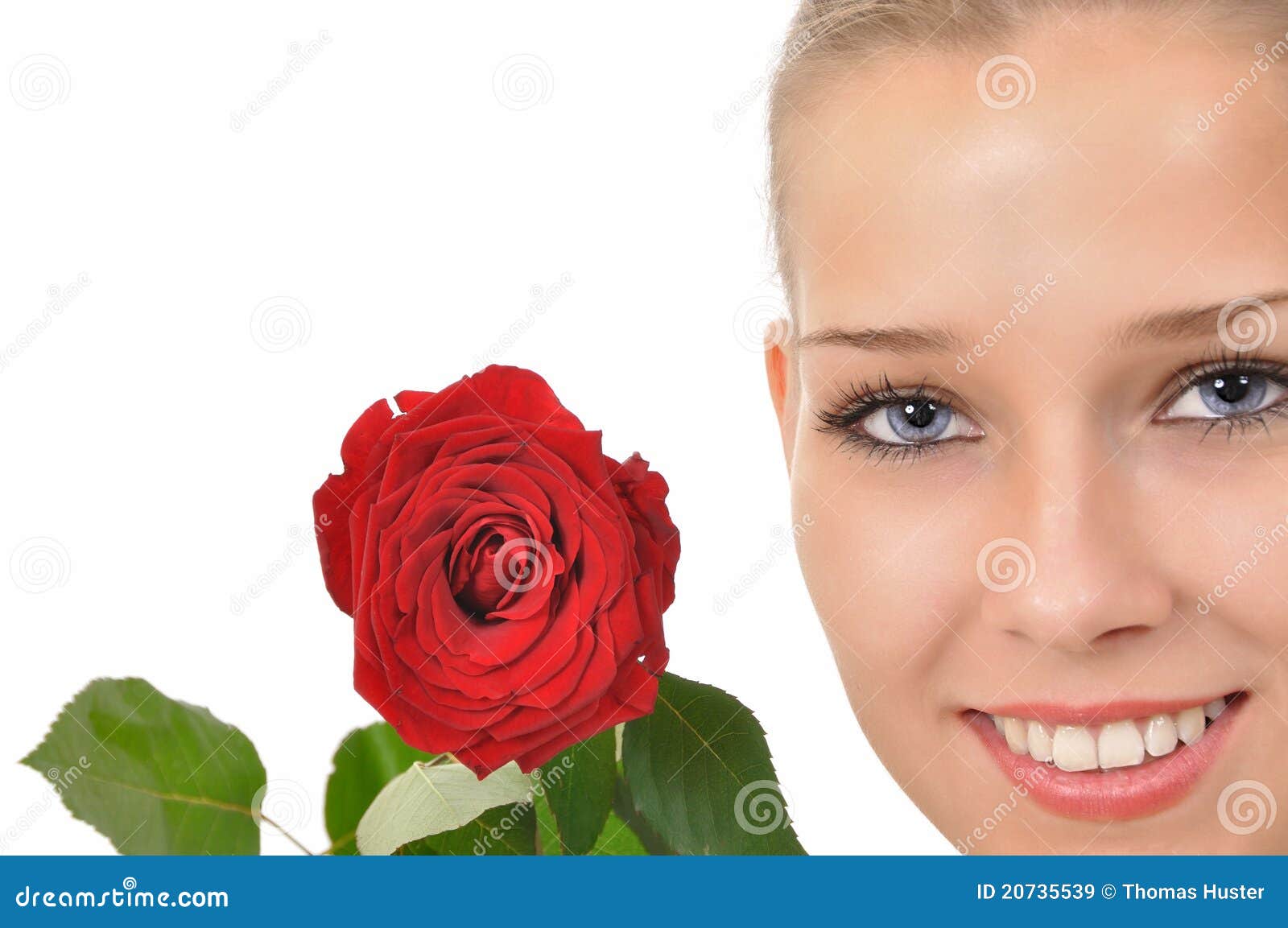 Pretty Face with a Red Rose Stock Image - Image of eyed, white: 20735539