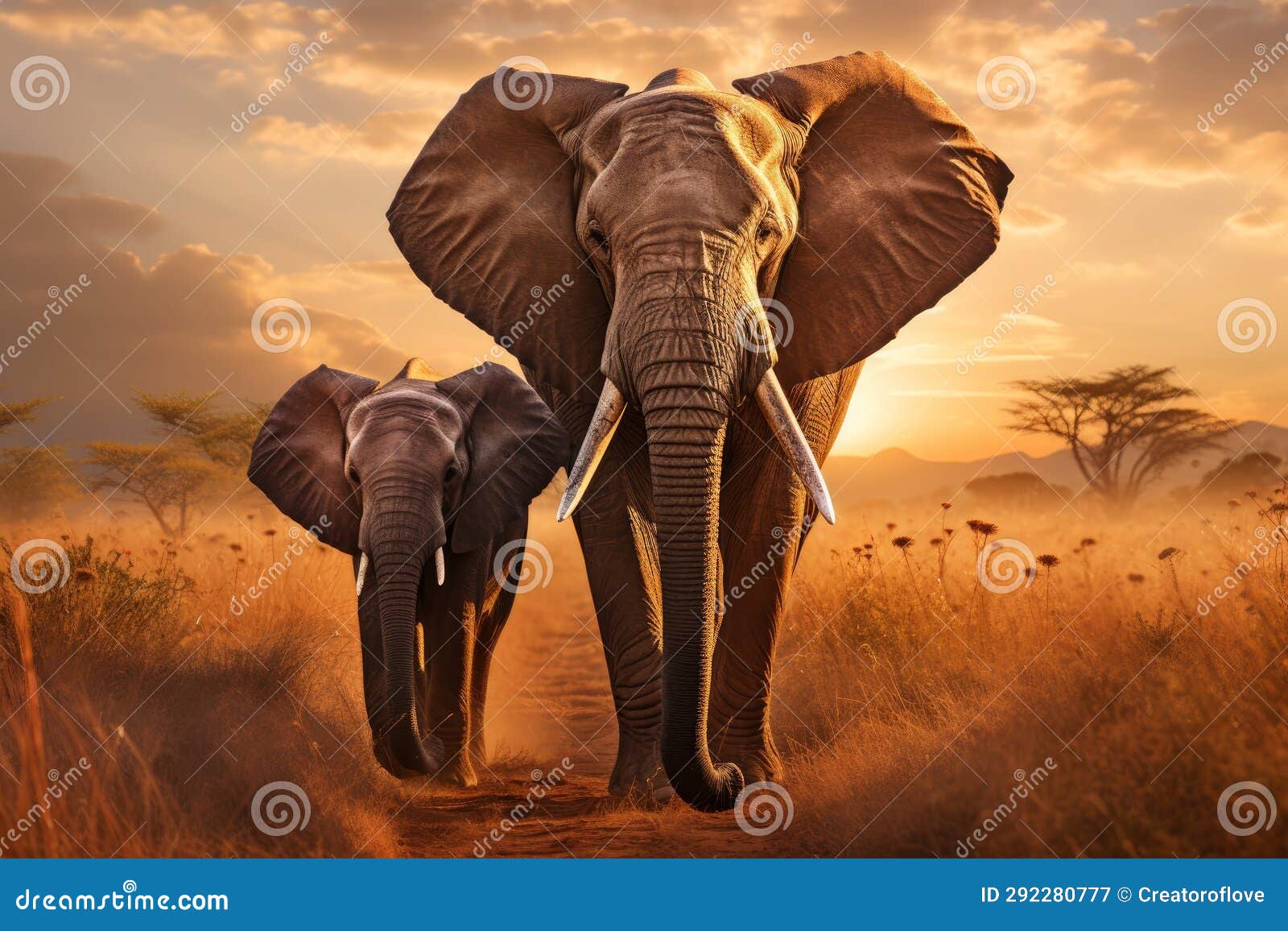 A Pretty Father and Son Elephants on Grassland Stock Illustration ...