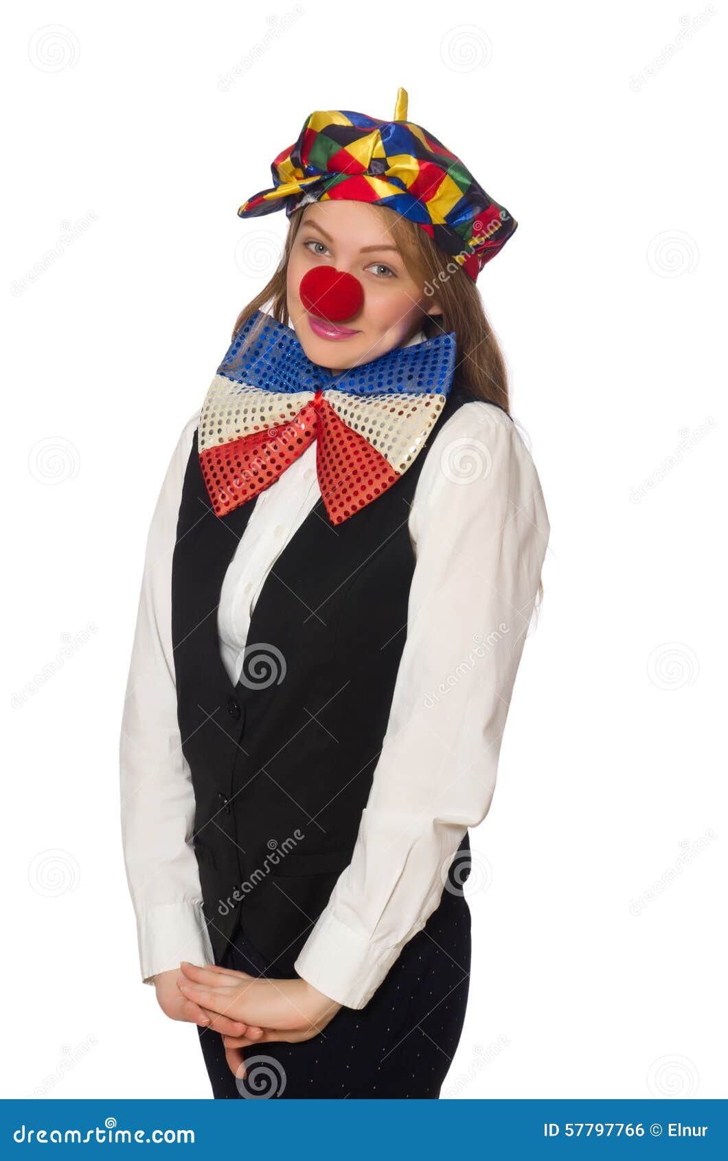 Pretty Female Clown Isolated on White Stock Photo - Image of cheerful ...