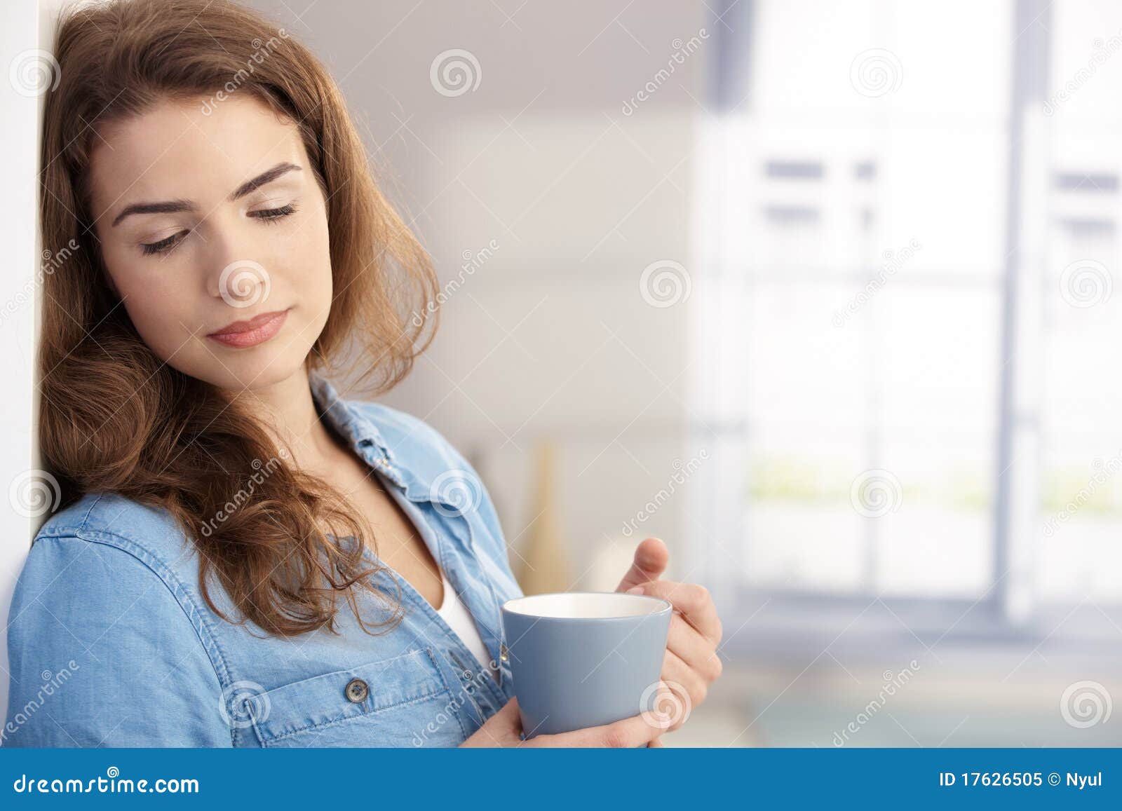 Pretty Female Daydreaming Drinking Tea Stock Image - Image of dreamy ...