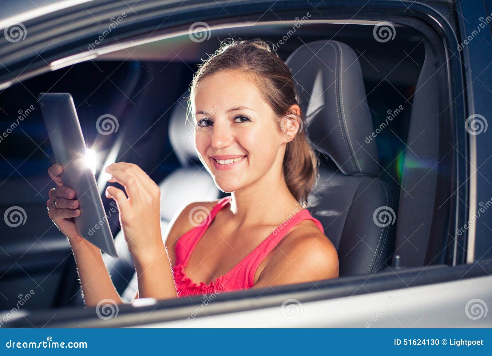 Pretty, Female Driver Using Her Tablet Computer Stock Photo - Image of ...