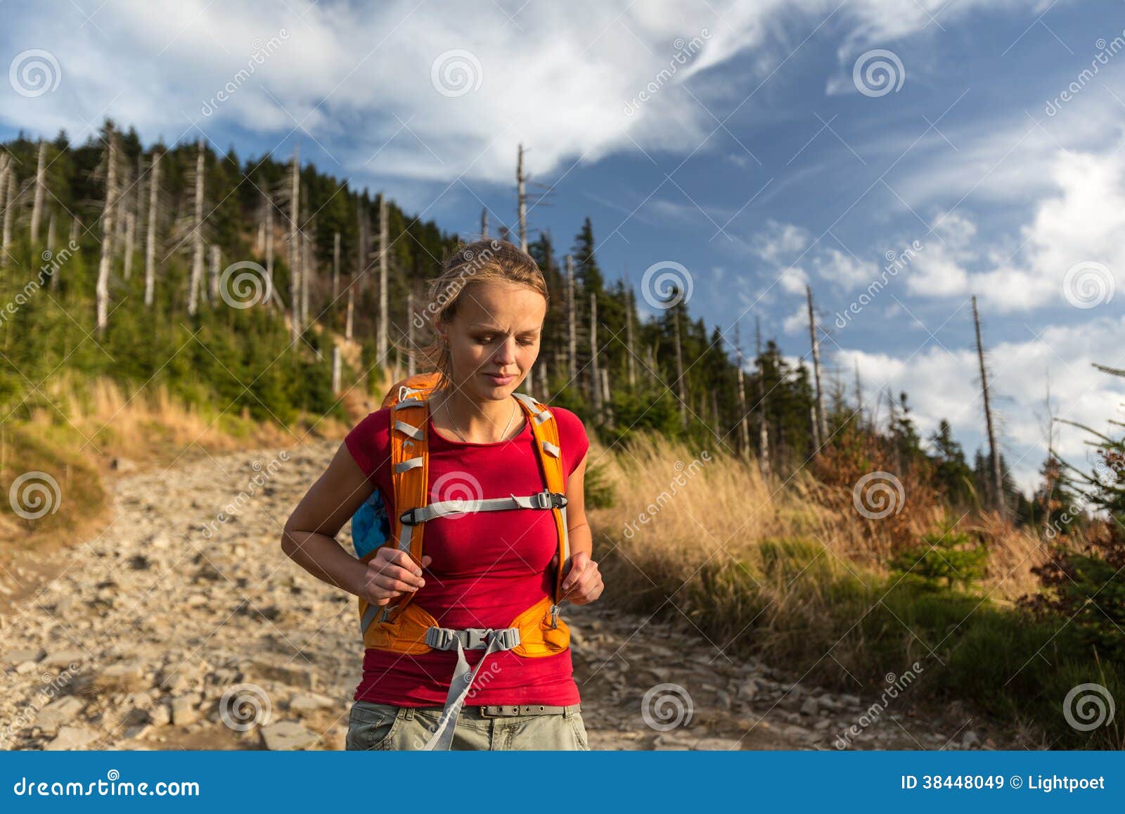 Pretty, Female Hiker Going Downhill Stock Image - Image of enjoyment ...