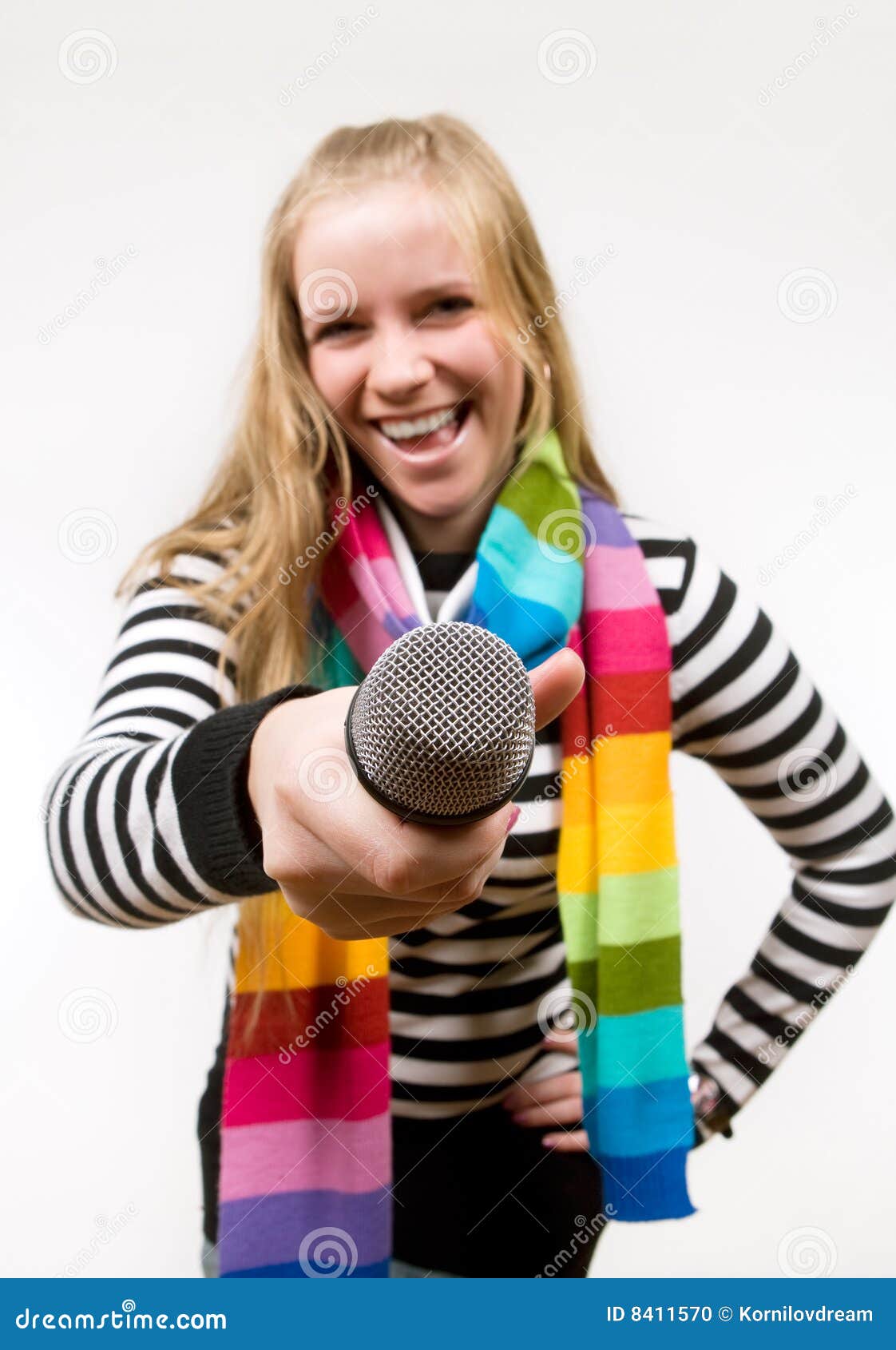 Pretty Female with Microphone Isolated Stock Photo - Image of rock ...