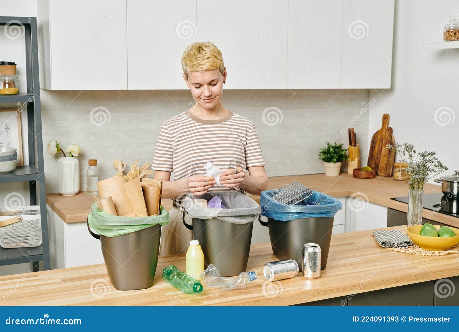 Pretty Female Sorting Various Kinds of Trash Stock Image - Image of ...