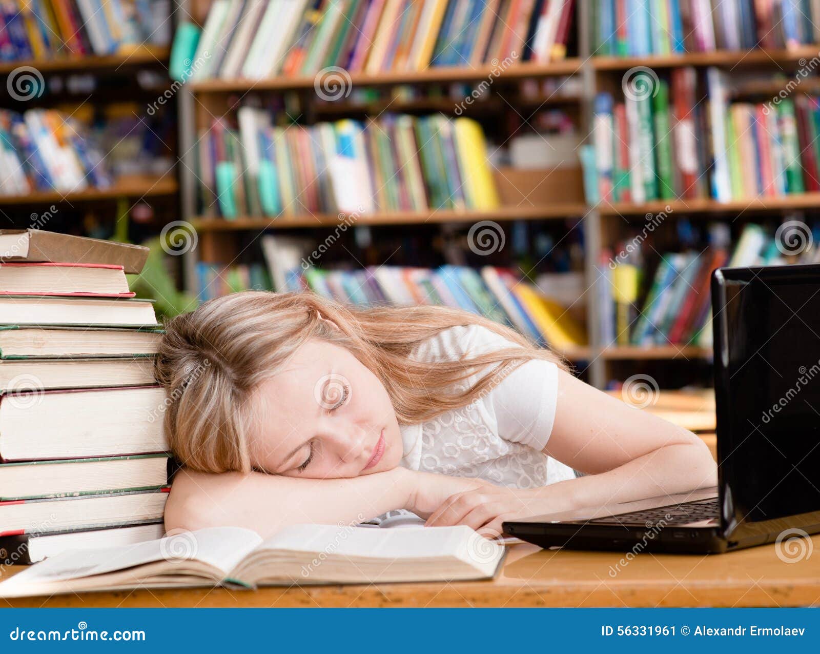 Pretty Female Student Sleep in Library Stock Image - Image of exam ...