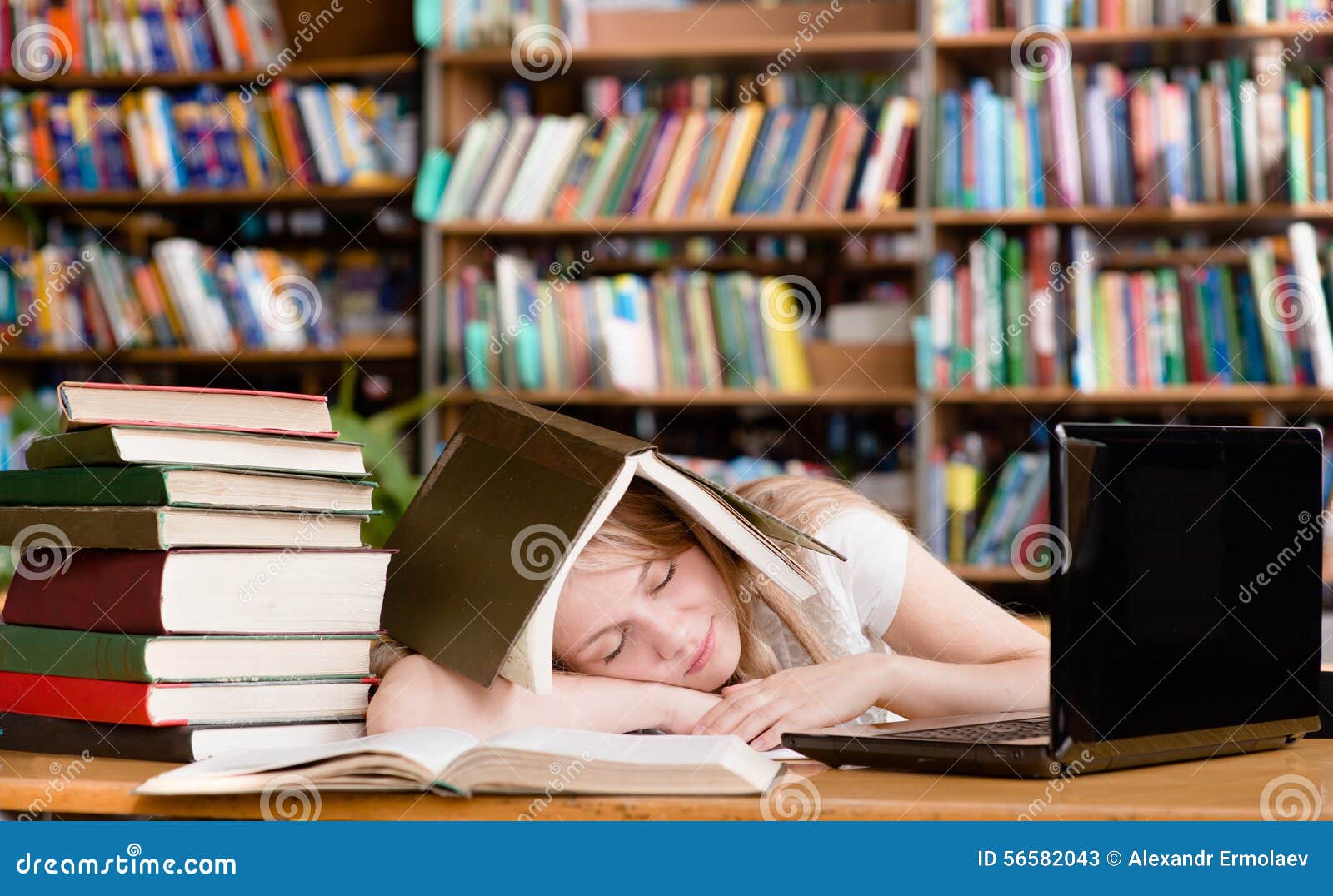 Pretty Female Student Sleep in Library Stock Image - Image of girl ...