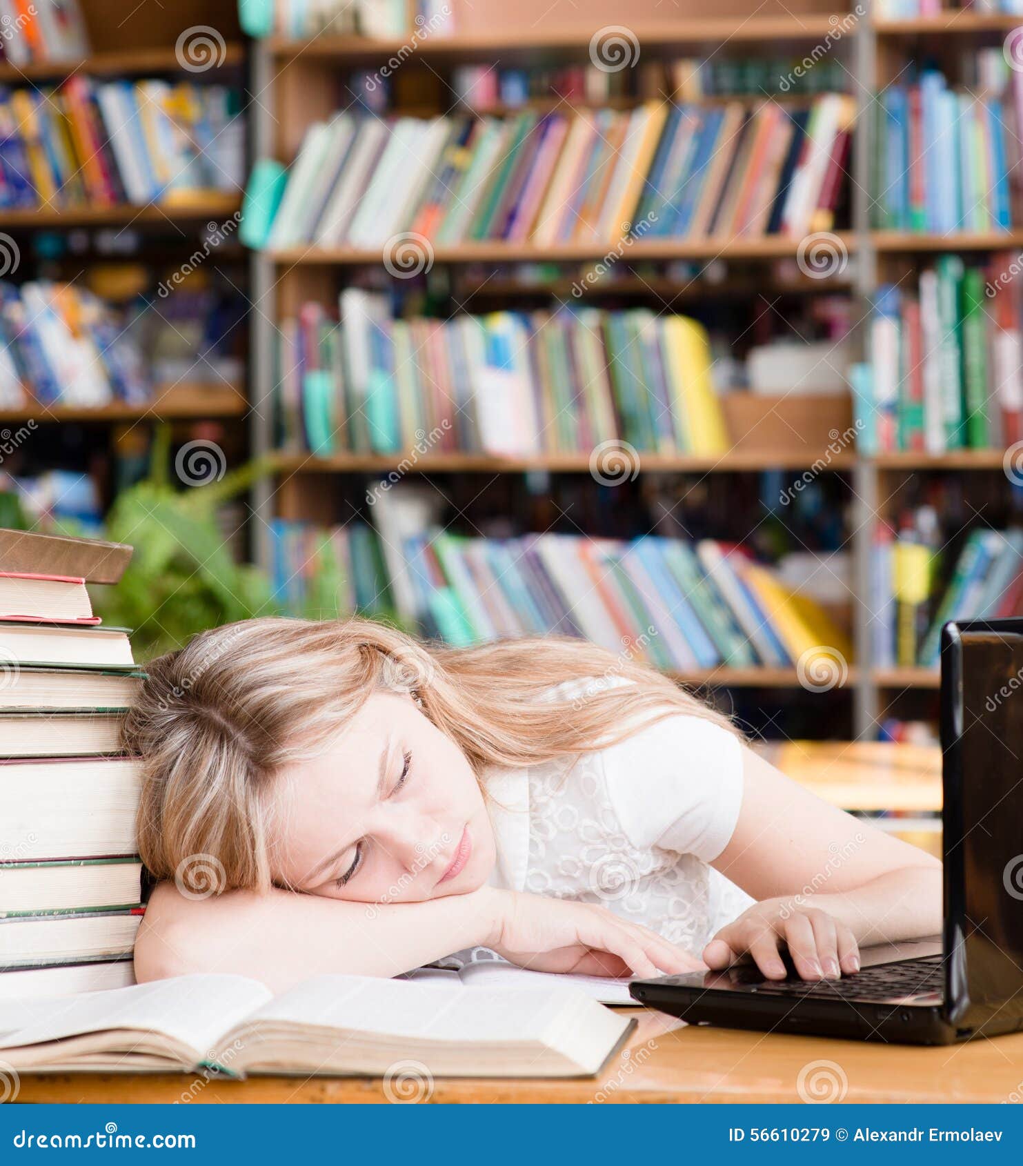 Pretty Female Student Sleep in Library Stock Image - Image of cute ...