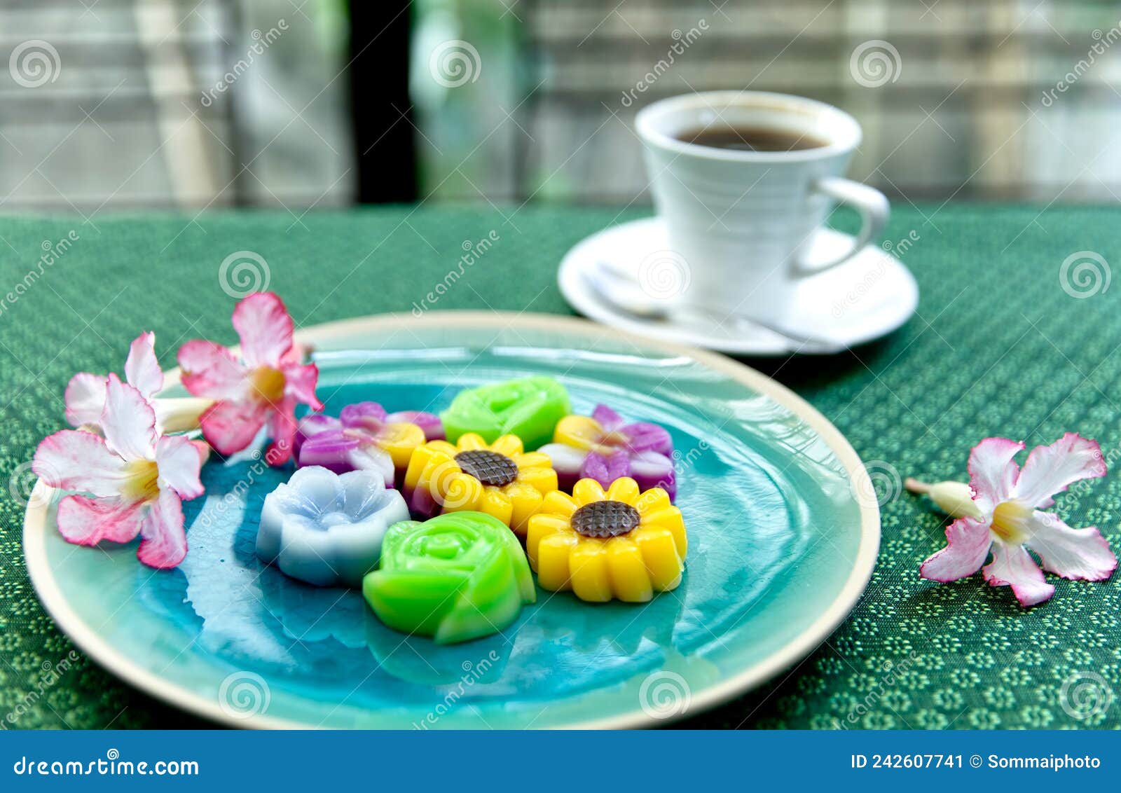 Pretty Flower Shaped Dessert with Hot Coffee Drink Stock Image - Image ...