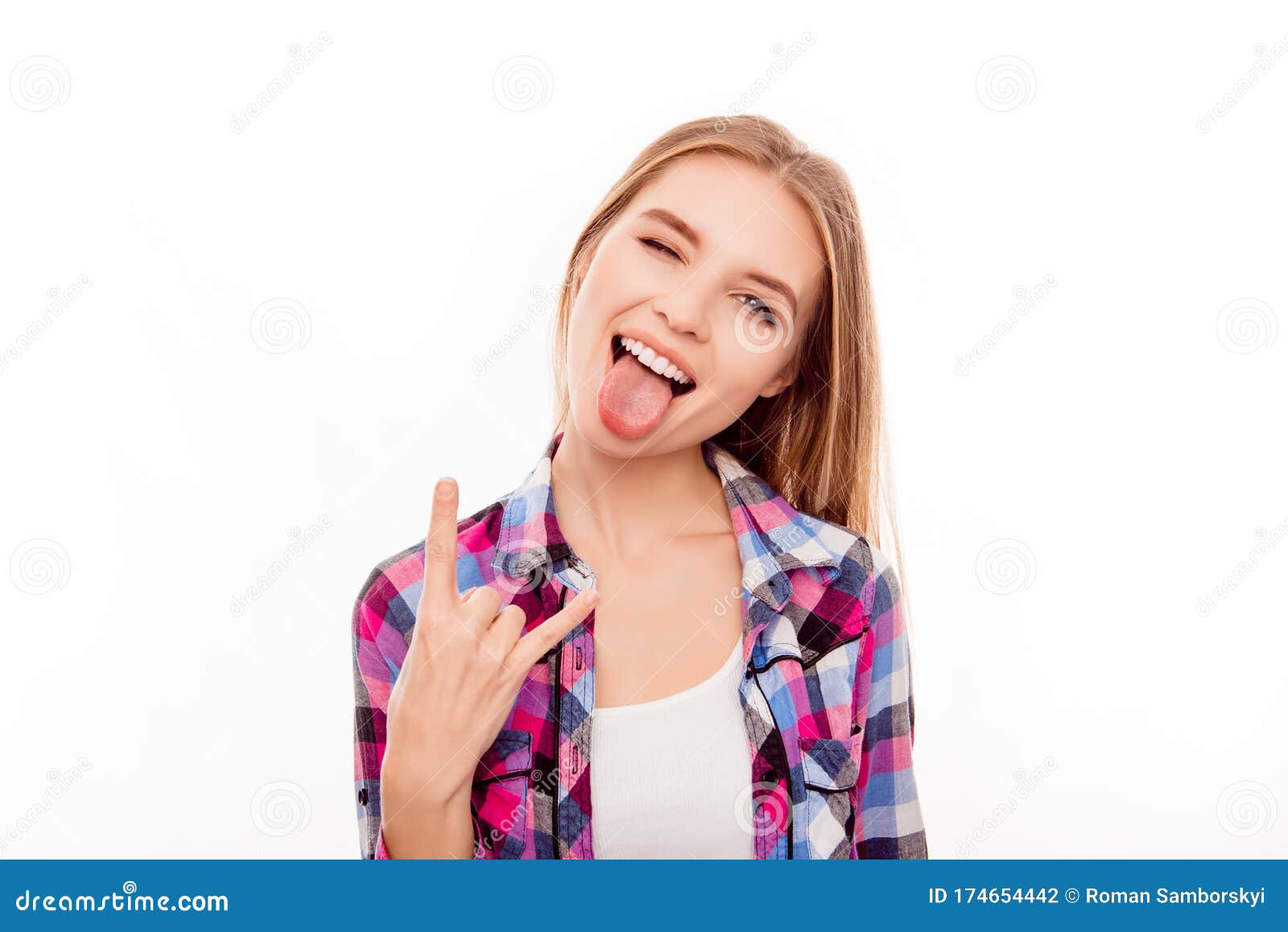 Pretty Funny Young Girl Showing Tongue and Rock Gesture Stock Photo ... Pretty Funny Young Girl Showing Tongue and Rock Gesture Stock Photo ...