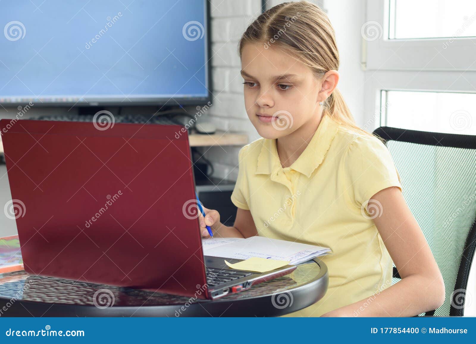 Pretty Girl of Caucasian Appearance at the Computer Does Homework Stock ...