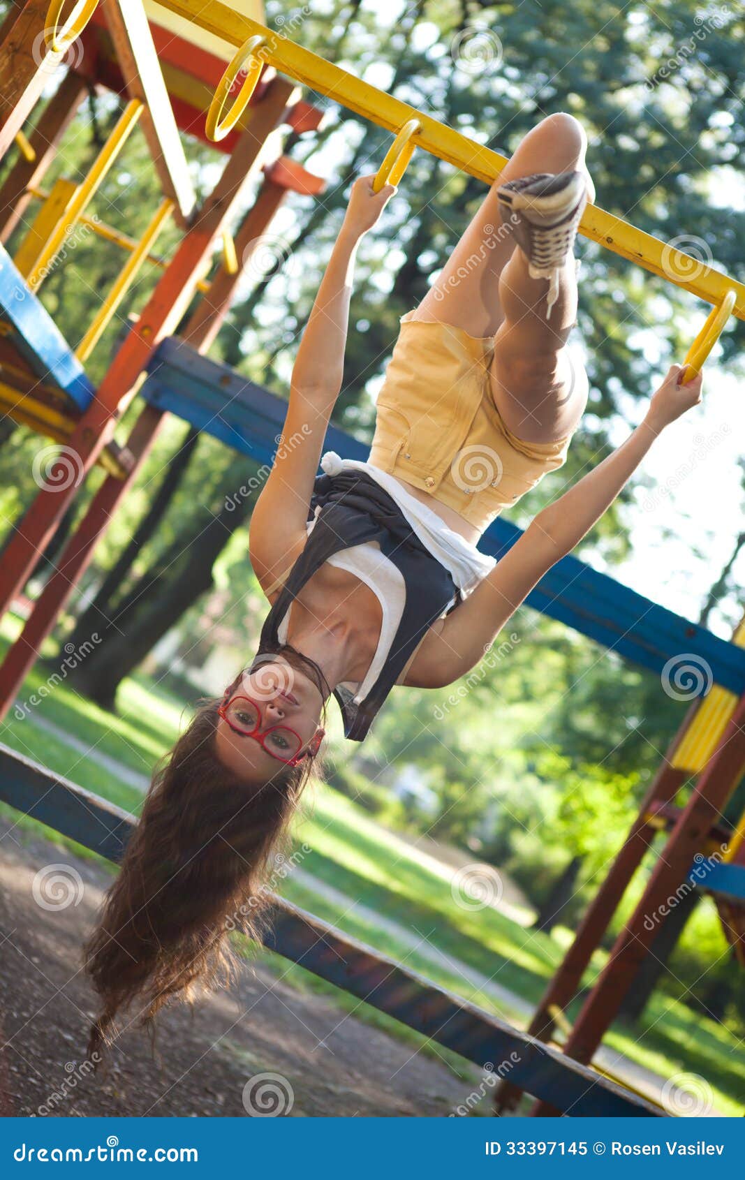 Pretty Girl on Climbing Frame in Park Stock Image - Image of funky ...