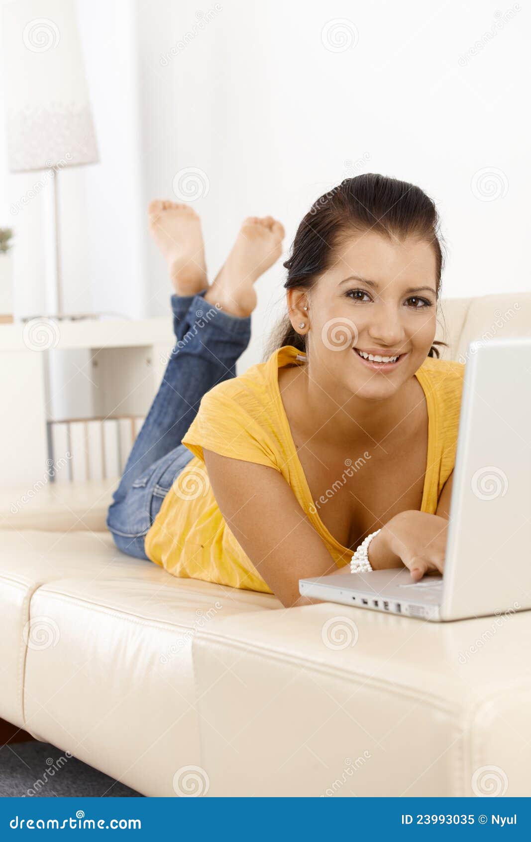 Pretty Girl with Computer Smiling Stock Image - Image of domestic ...