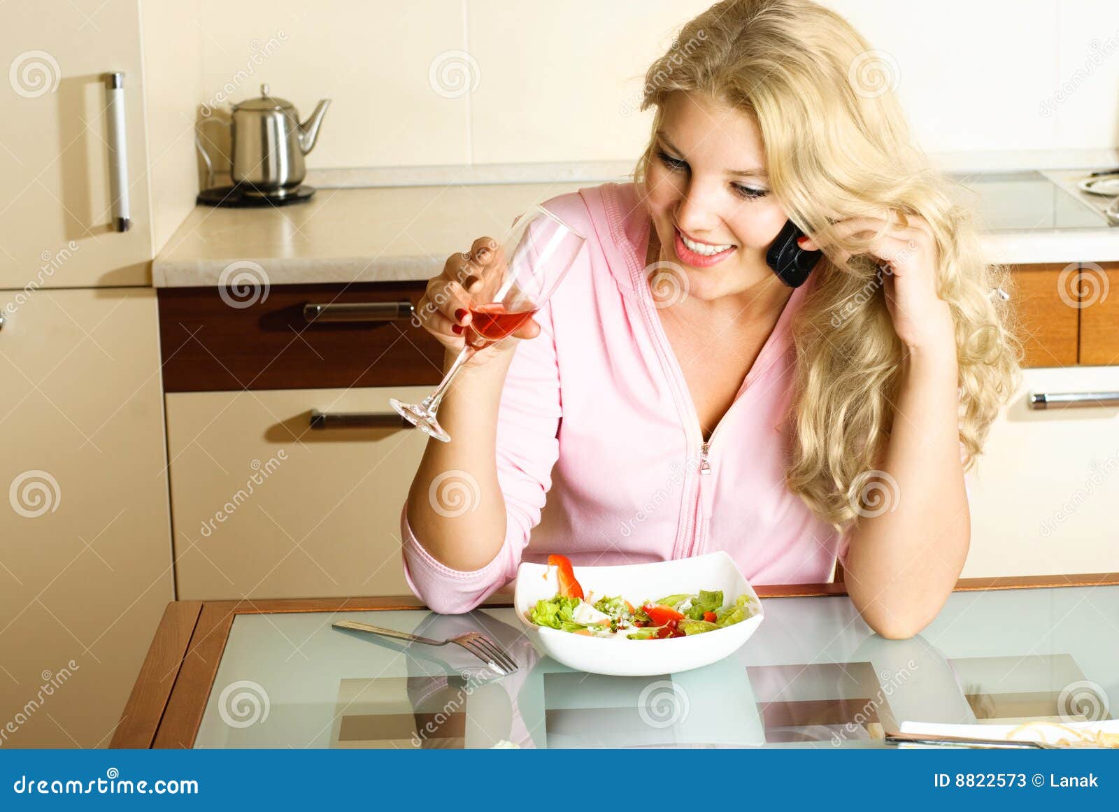 Pretty Girl Eating and Taking on the Cellphone Stock Image - Image of ...
