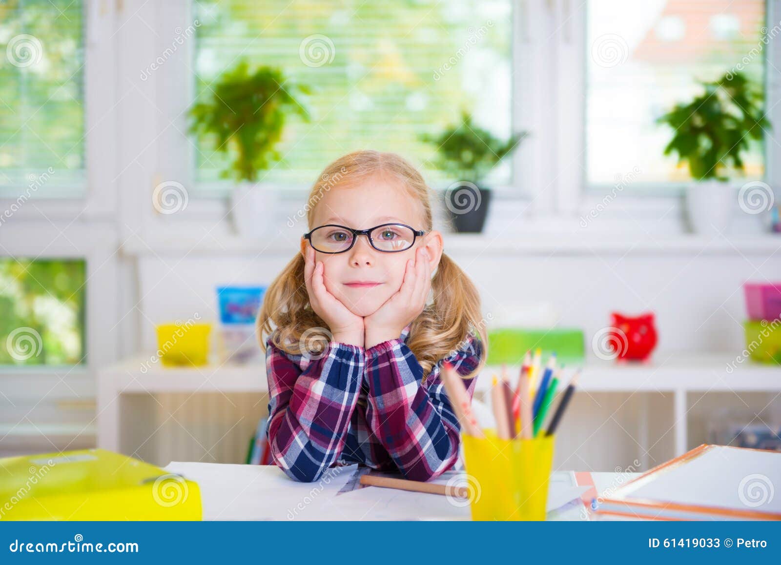 Pretty Girl in Glasses Learns at School Stock Image - Image of artist ...