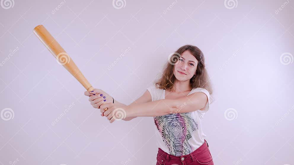 Pretty Girl Holding Baseball Bat Isolated On White Stock Image Image