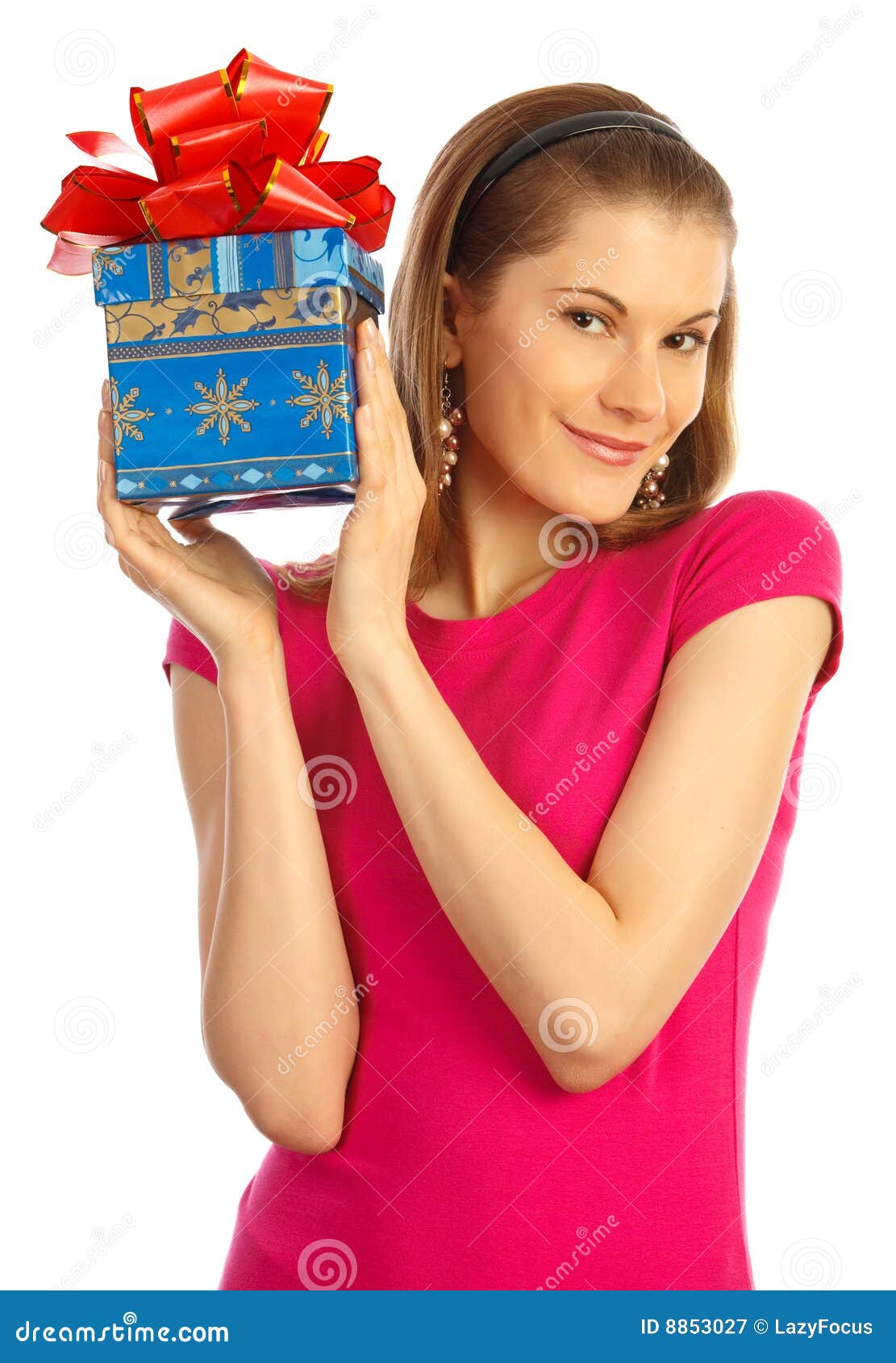 Pretty Girl Holding a Gift. Isolated on White Stock Image - Image of ...
