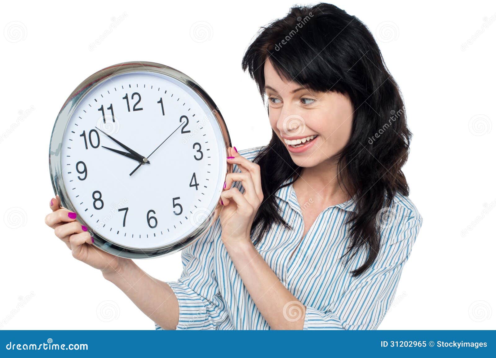 Pretty Girl Holding and Looking at Wall Clock Stock Image - Image of ...