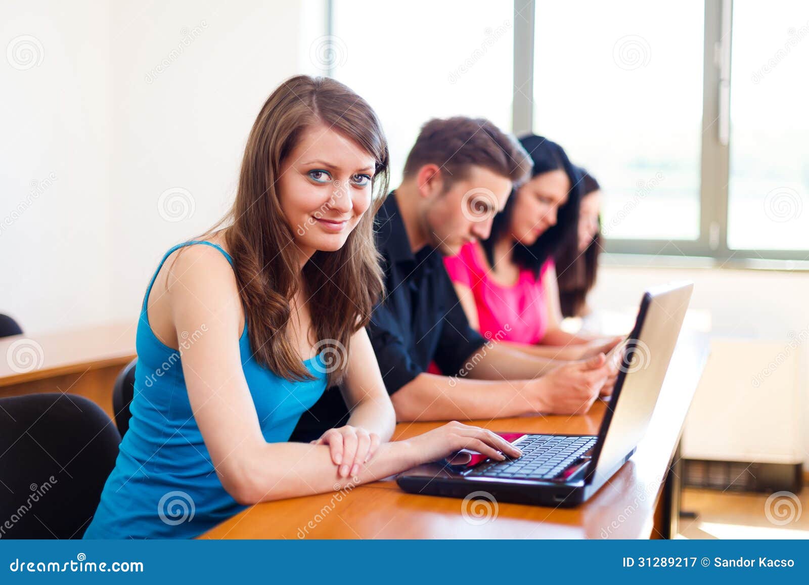 Pretty Girl with Laptop in School Stock Image - Image of female ...