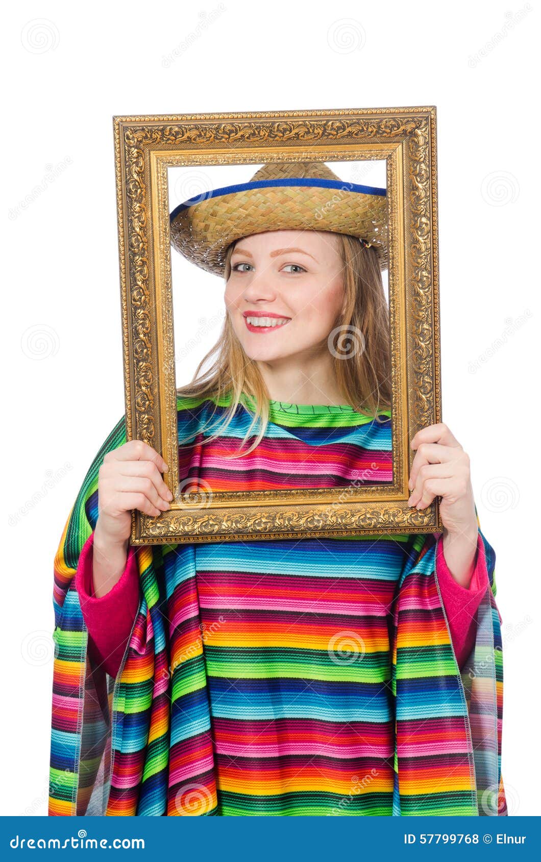Pretty Girl in Mexican Poncho Isolated on White Stock Photo - Image of ...