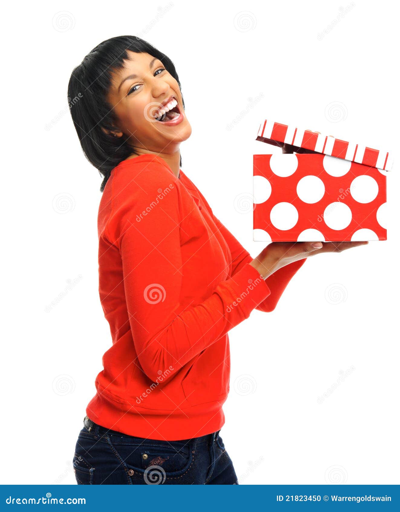 Pretty girl opens her box stock photo. Image of mixed - 21823450