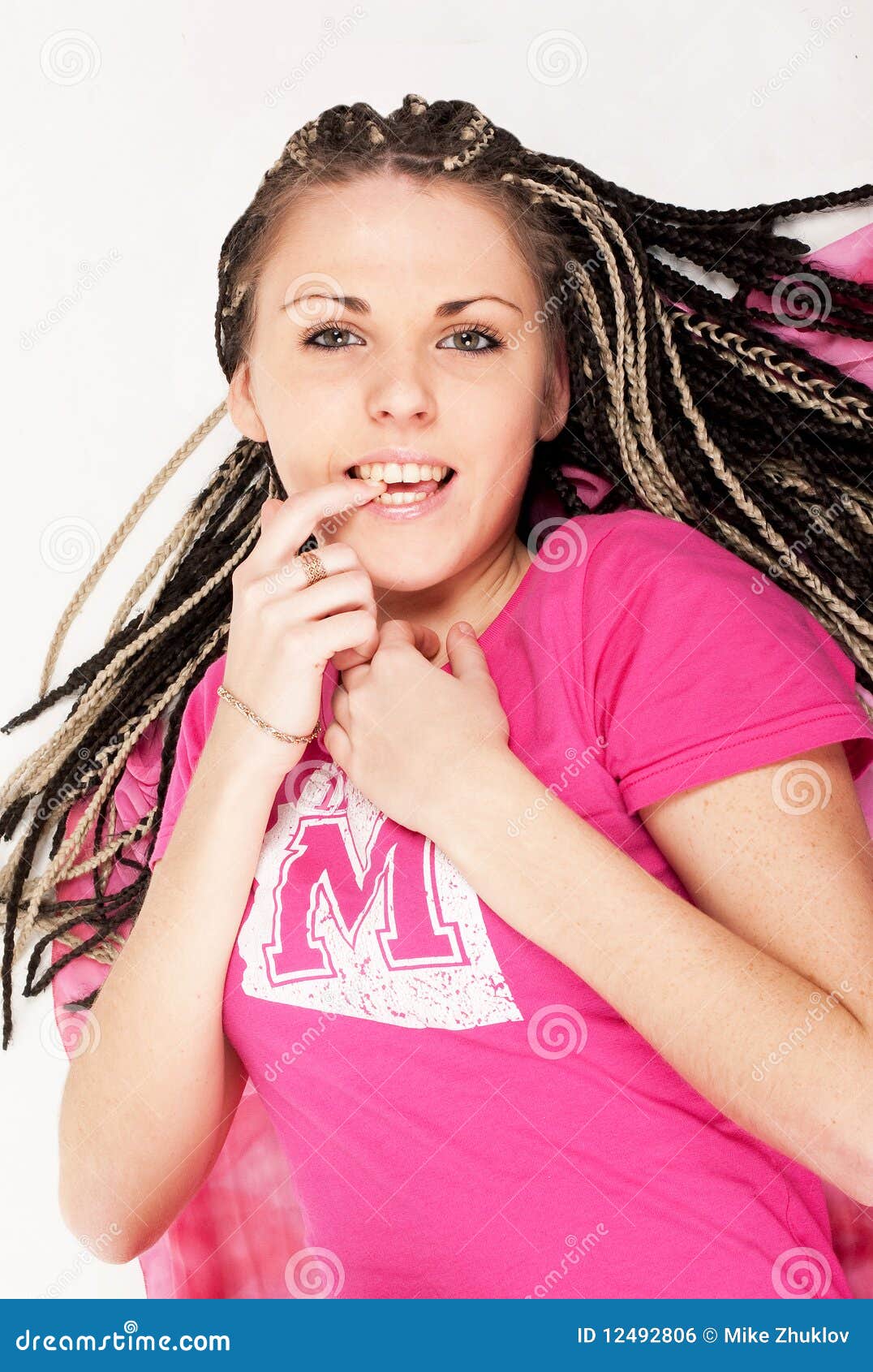 Pretty Girl in Pink Looking at You Stock Photo - Image of tress, pink ...