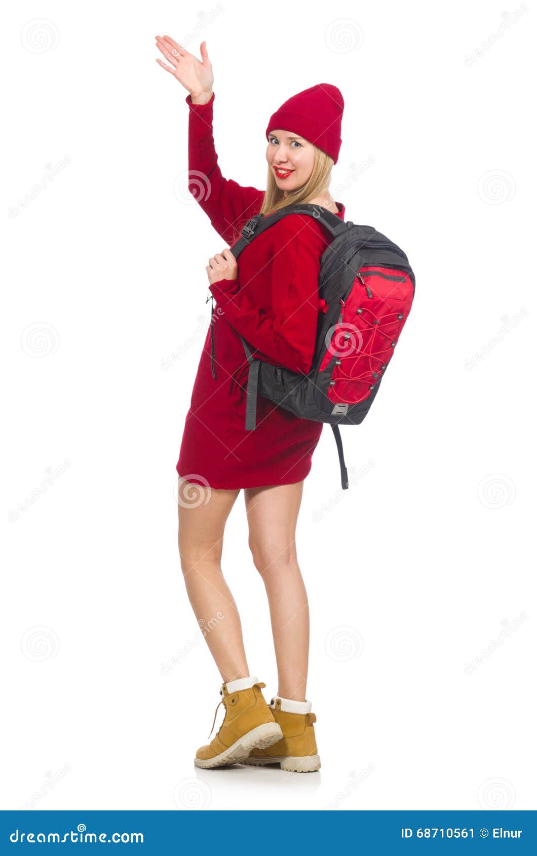 The Pretty Girl in Red Dress and Backpack Isolated on White Stock Image ...