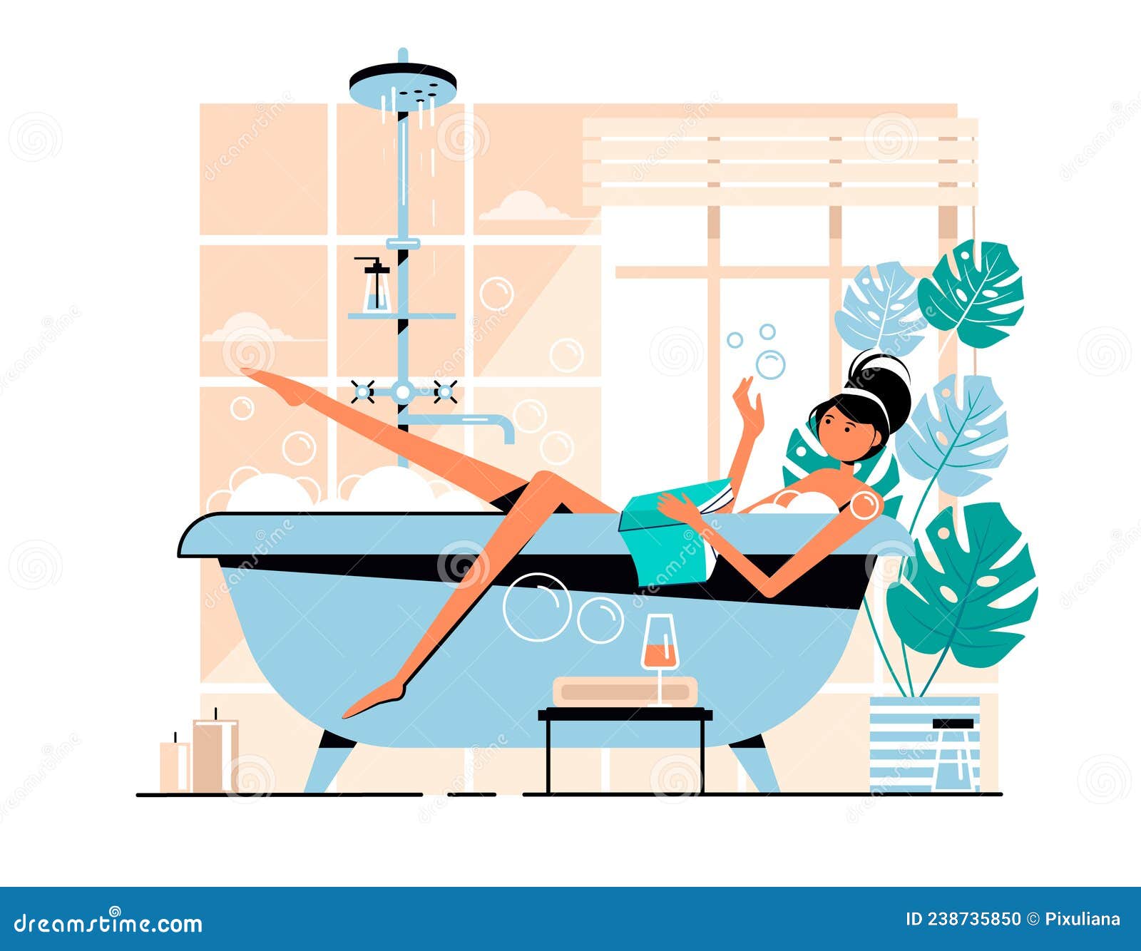 Pretty Girl Relaxing With Book Taking A Bubble Bath Stock Vector