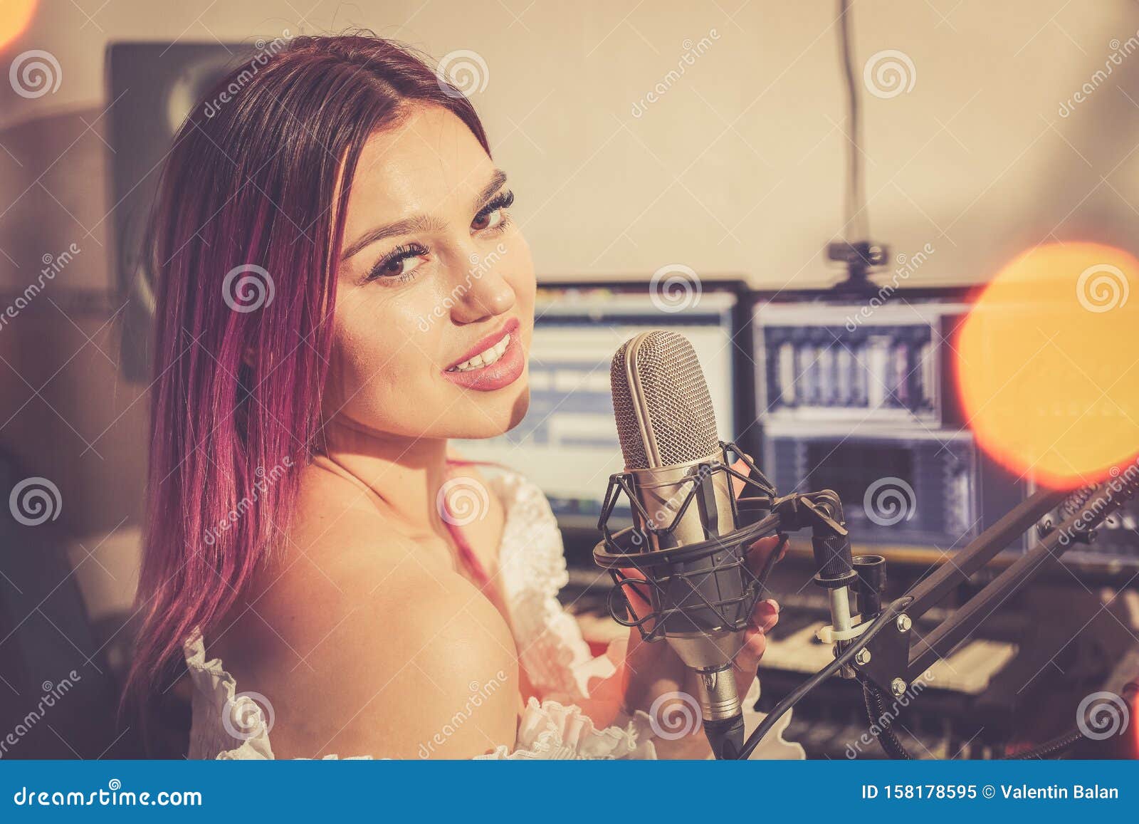 Pretty Girl Singing into Studio Microphone. Stock Image - Image of cute ...